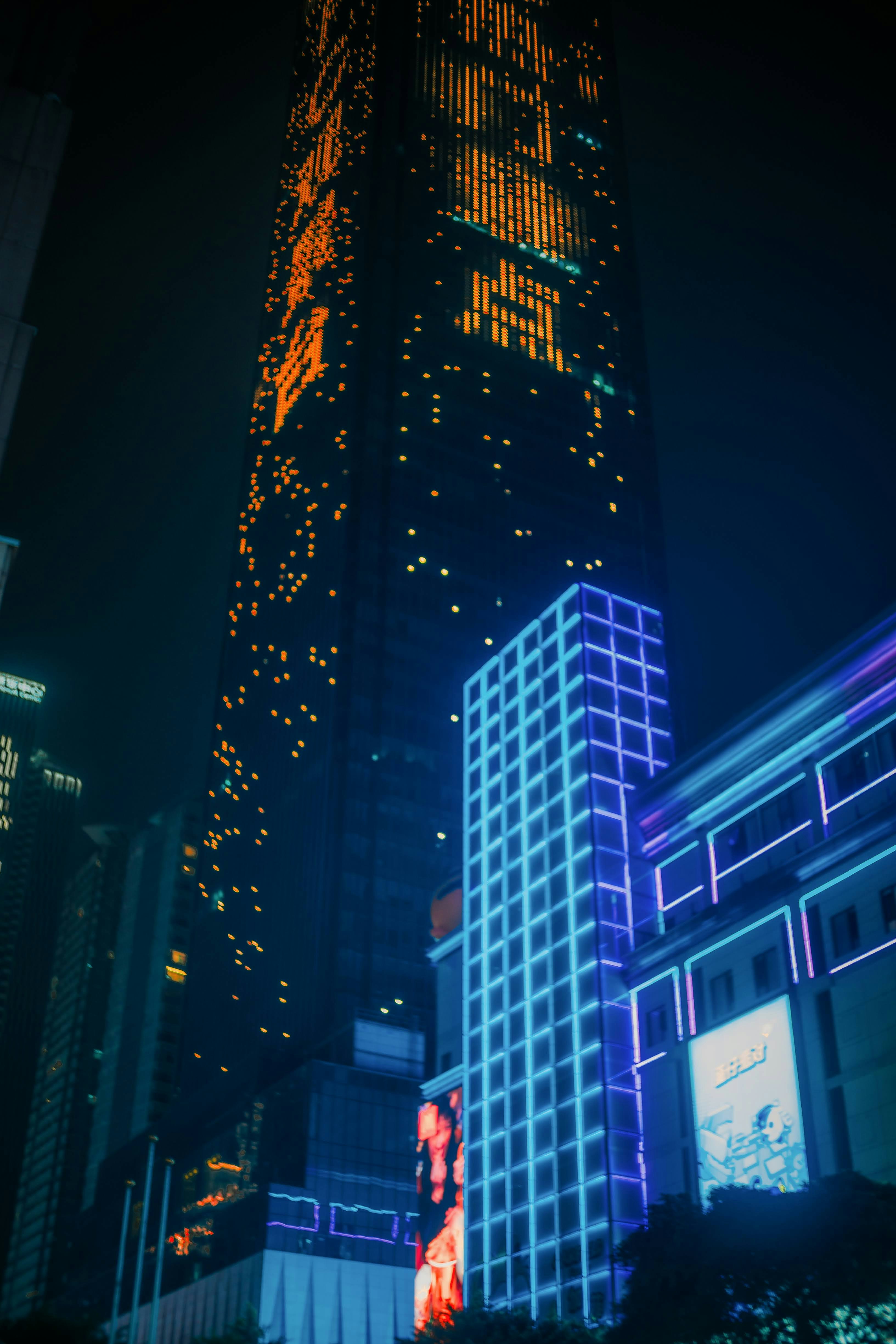 Neon Arcades: Night Facade of a Vertical City