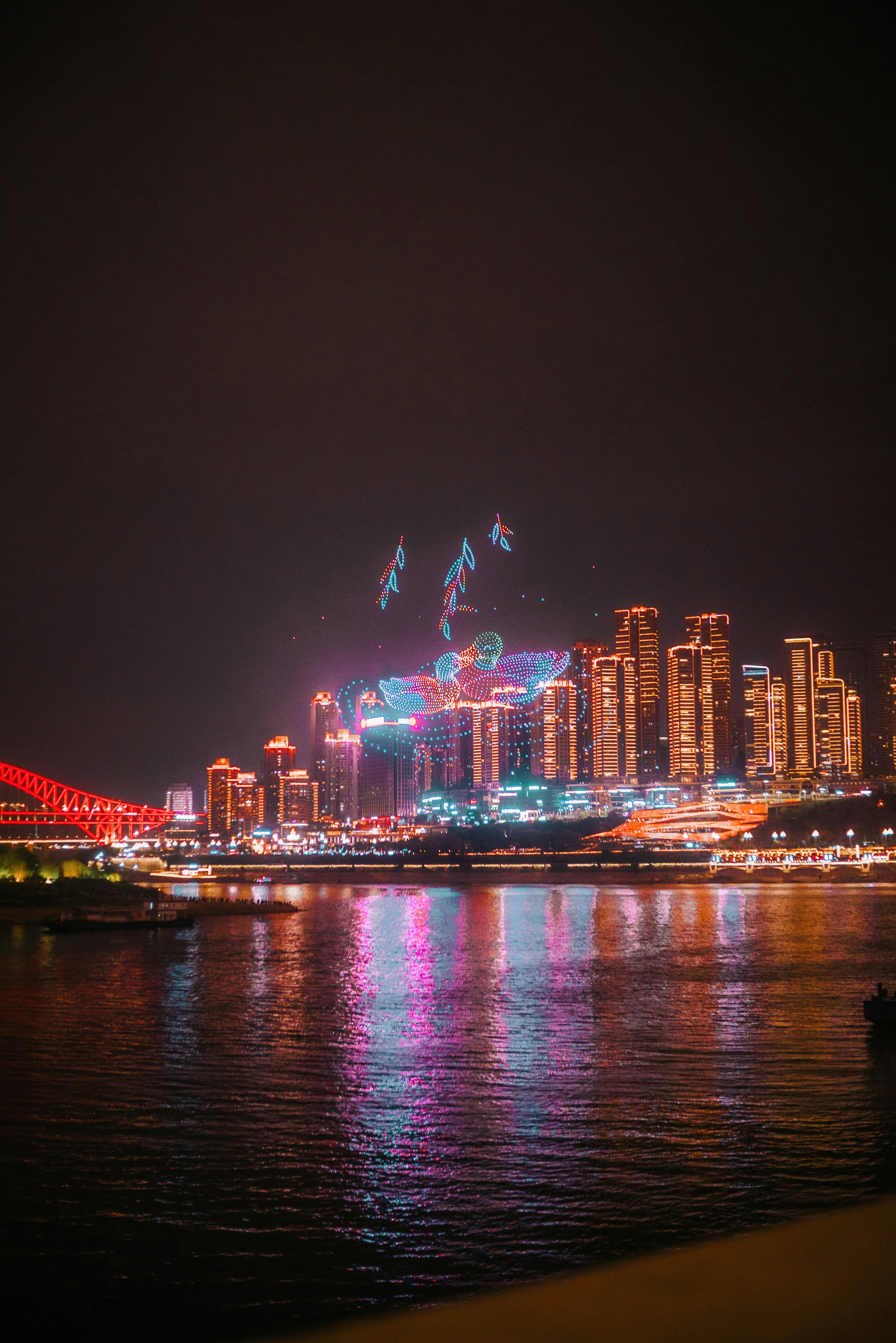 Neon Harbor: City Skyline Dusk Reflections Across the River