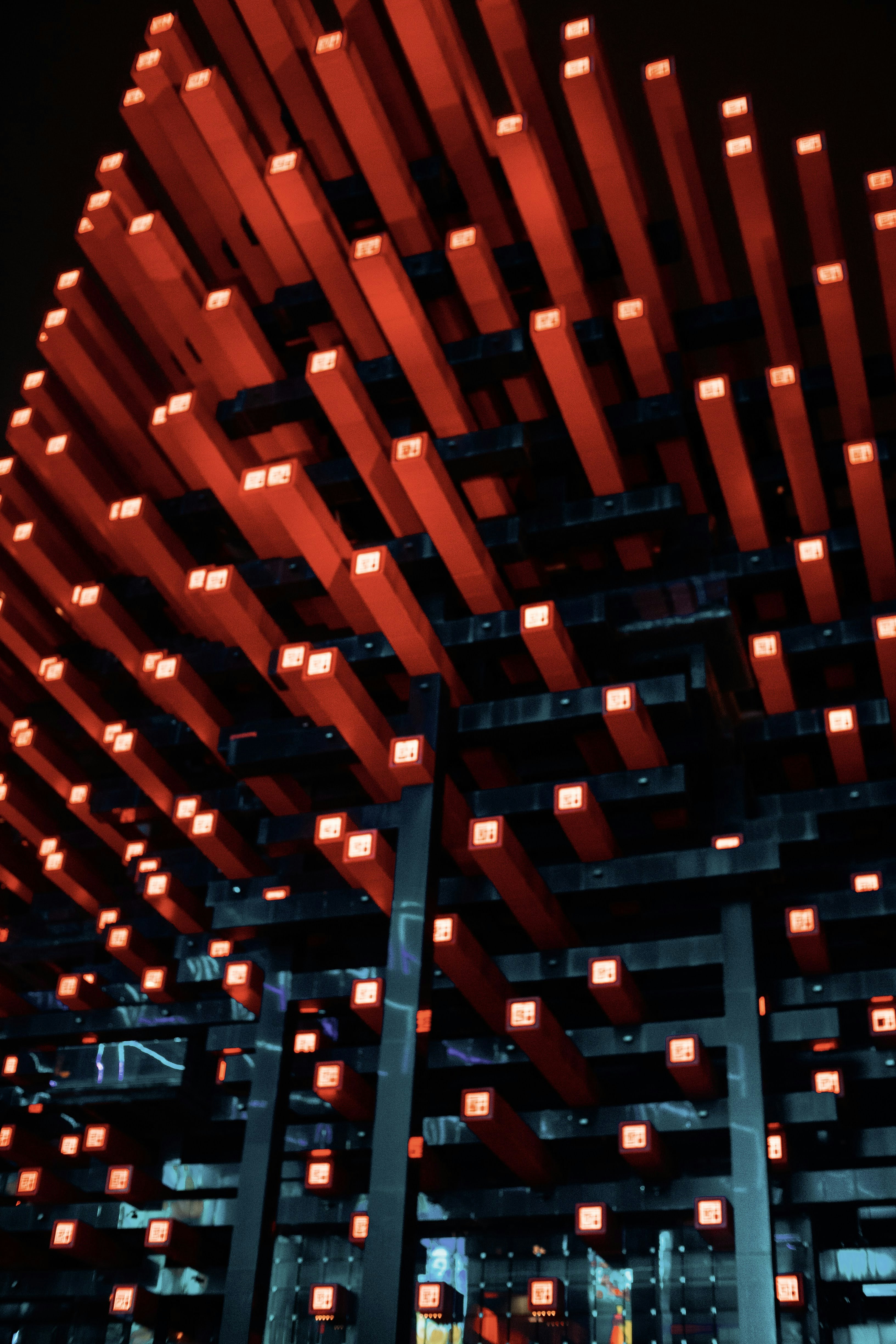 Red Lattice Nebula: A Forest of Glowing Rods in Blur of Night