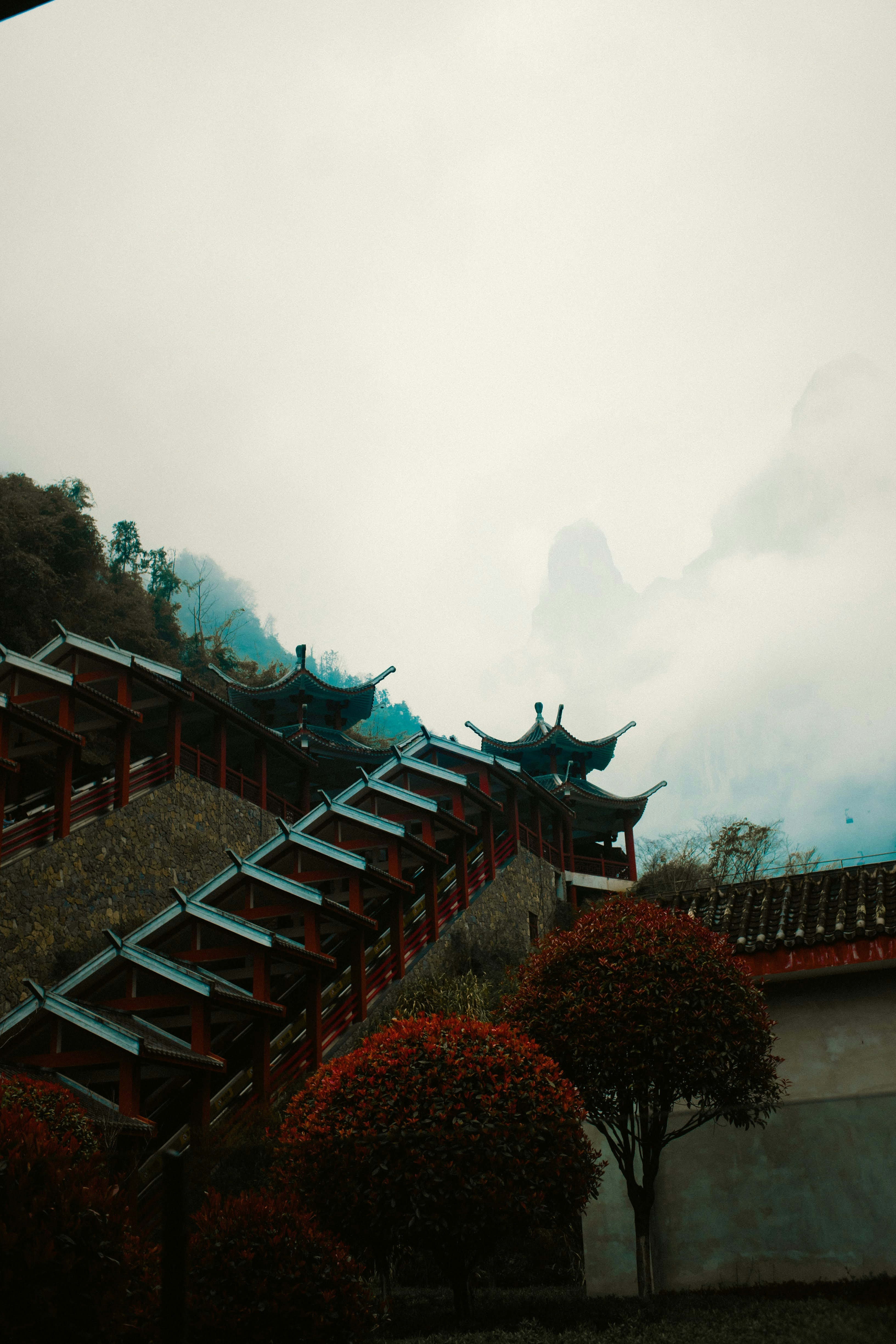 Staircase to Mist: A Serene Ascent Through Chinese Architecture