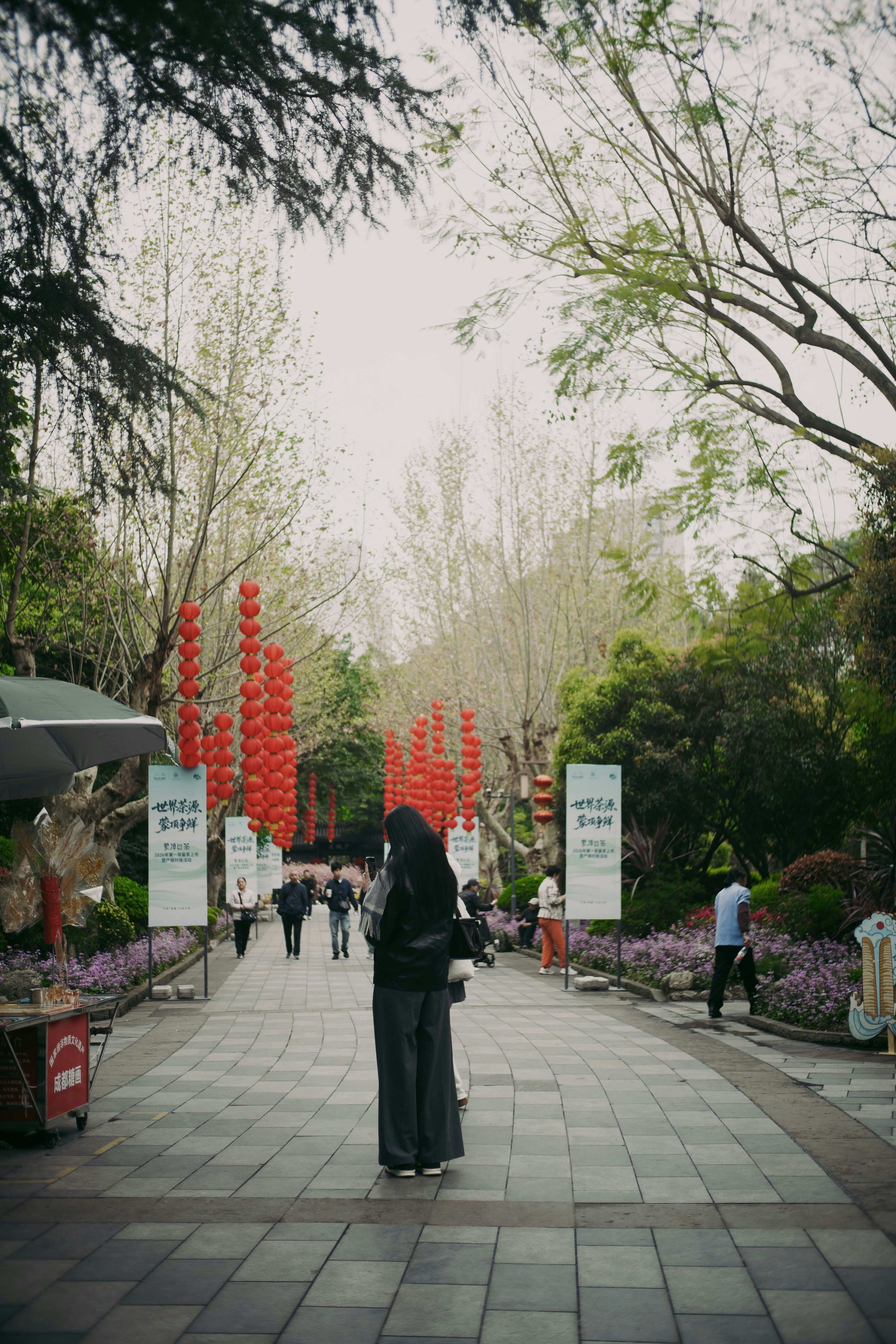 A Quiet Moment Beneath Lanterns in the City Garden