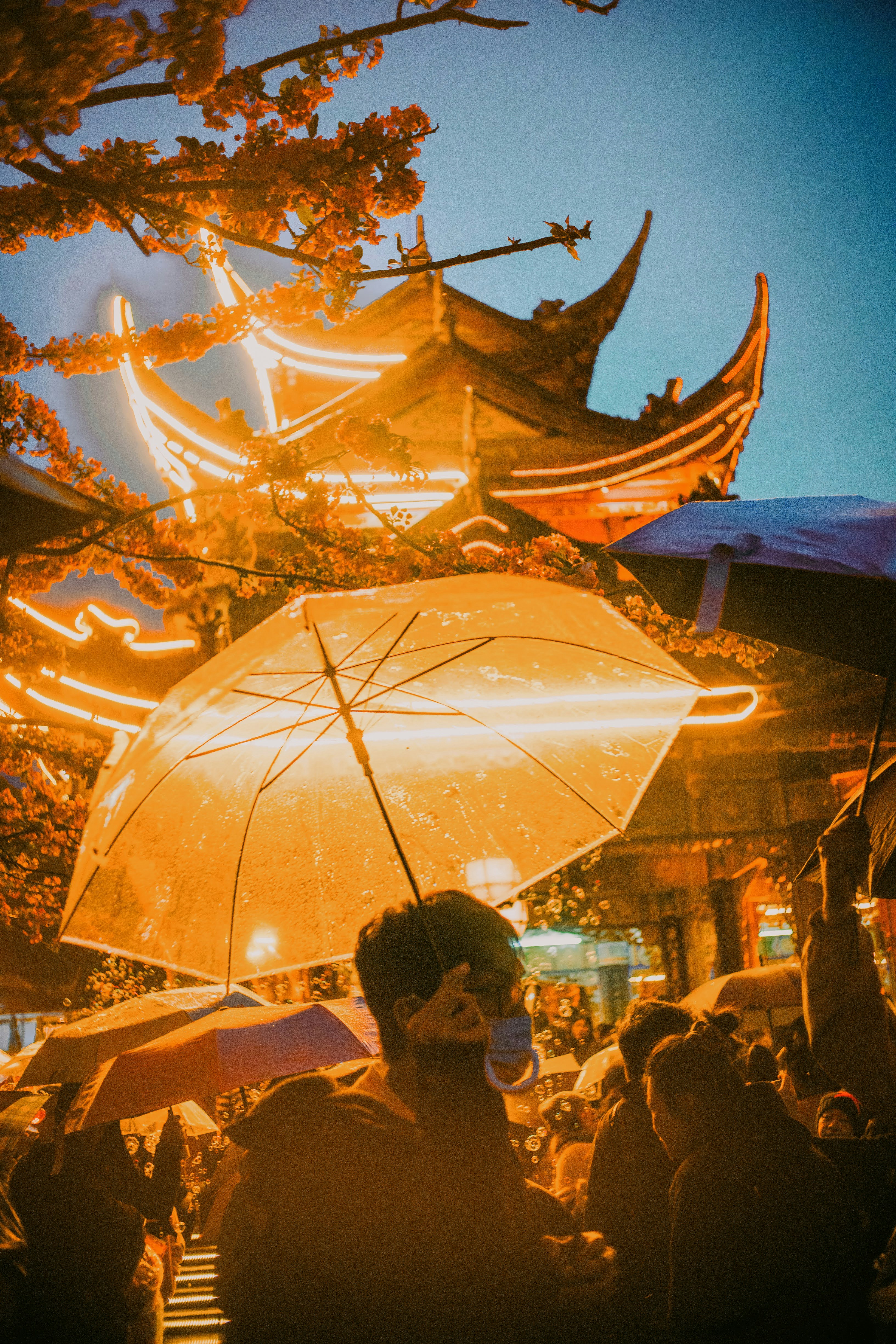 Warm Neon Parasol Under a Temple Night