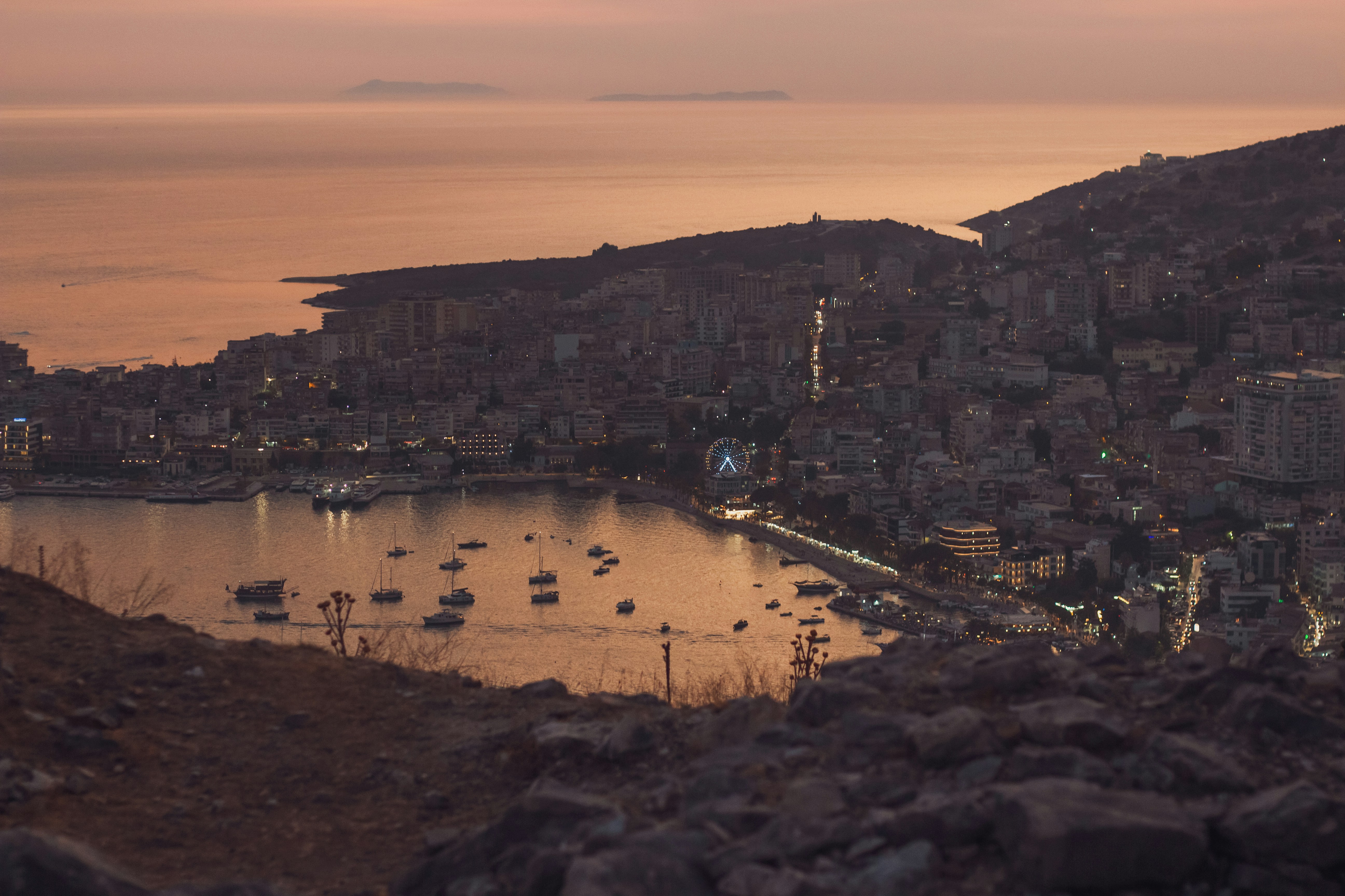 Twilight Over the Marina: Hillside Town Beneath a Quiet Sea