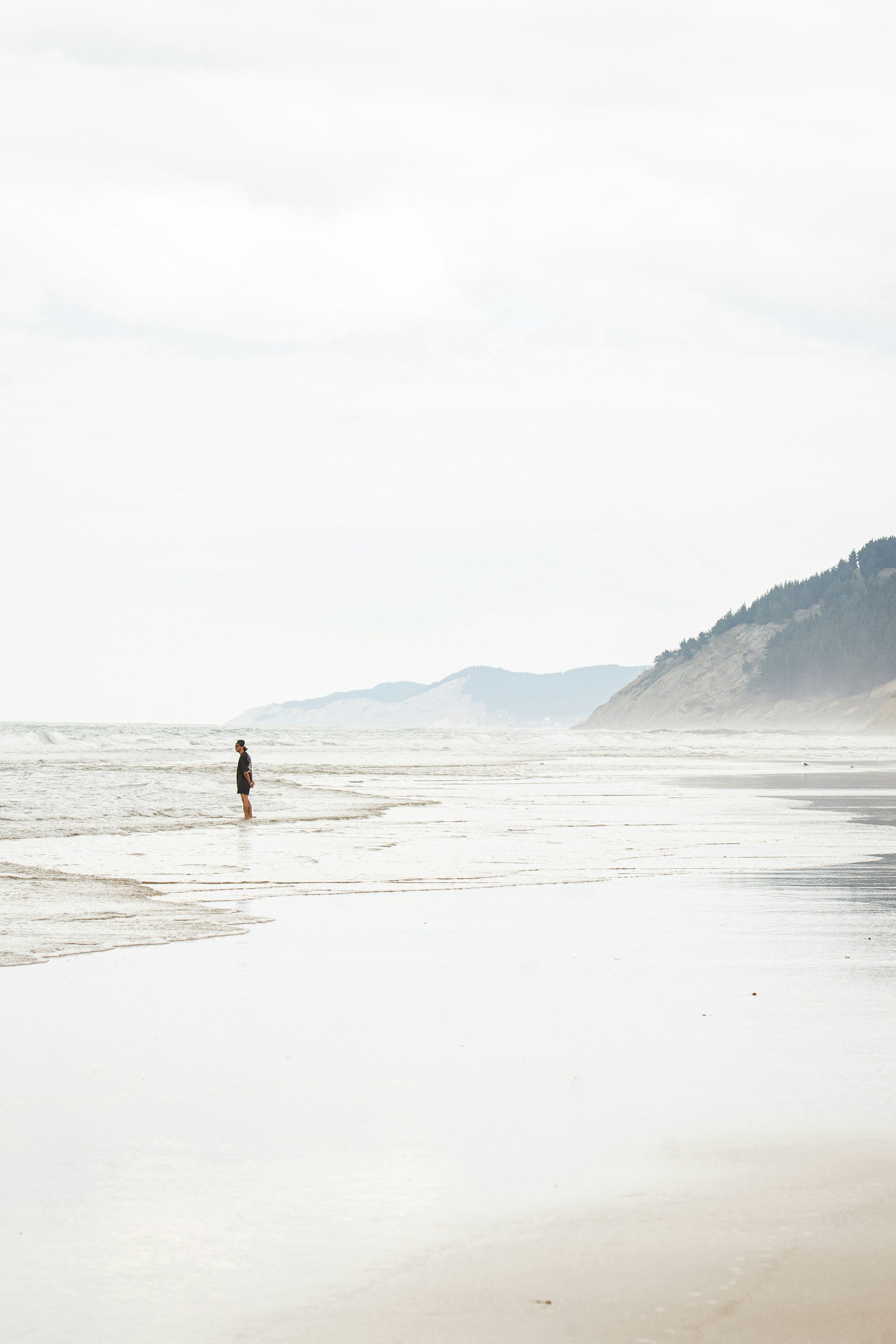 Solo at the Edge: A Lone Walker on a Misty Shore