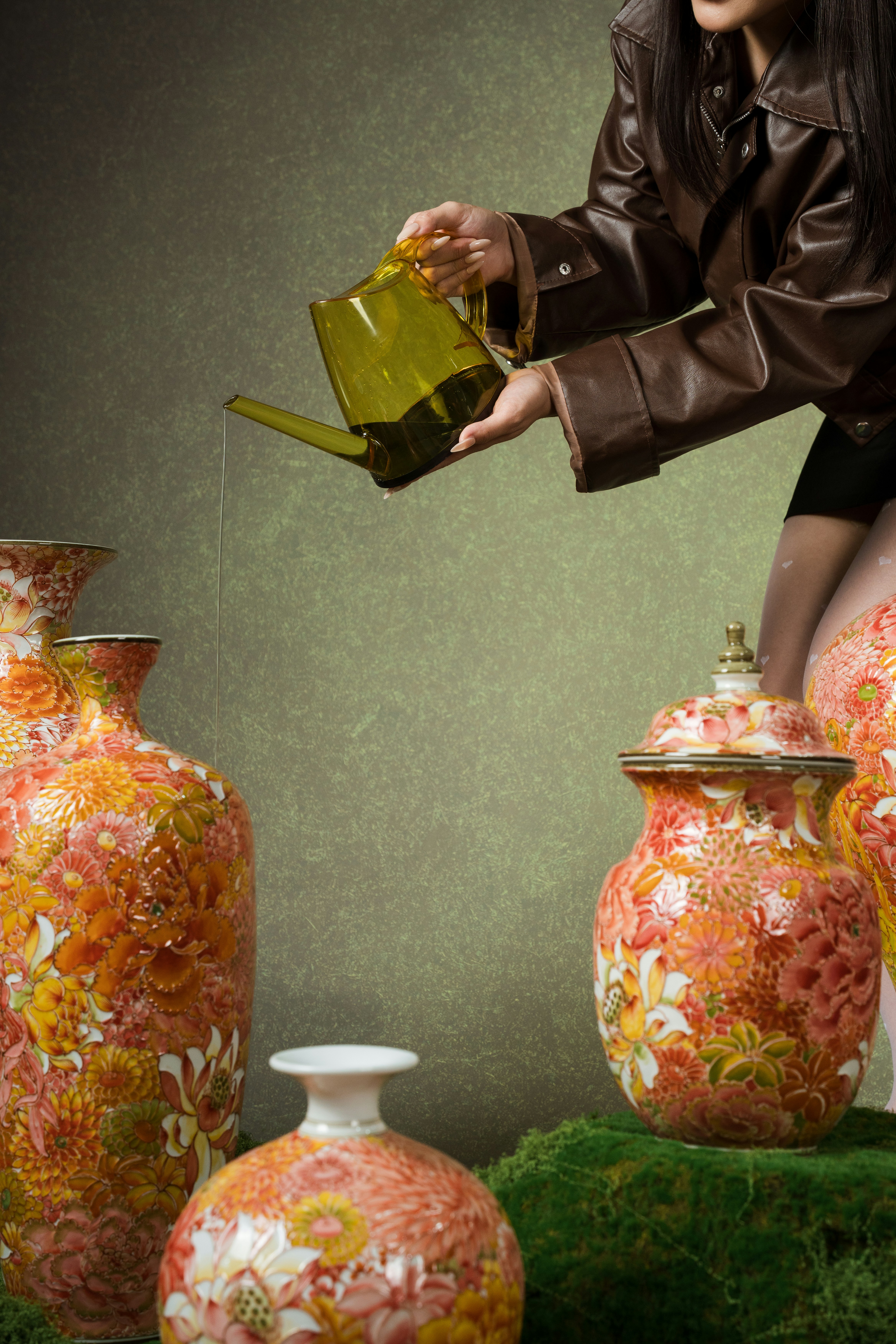 Green-tea Pour: A Handcrafted Moment Over Vintage Vases
