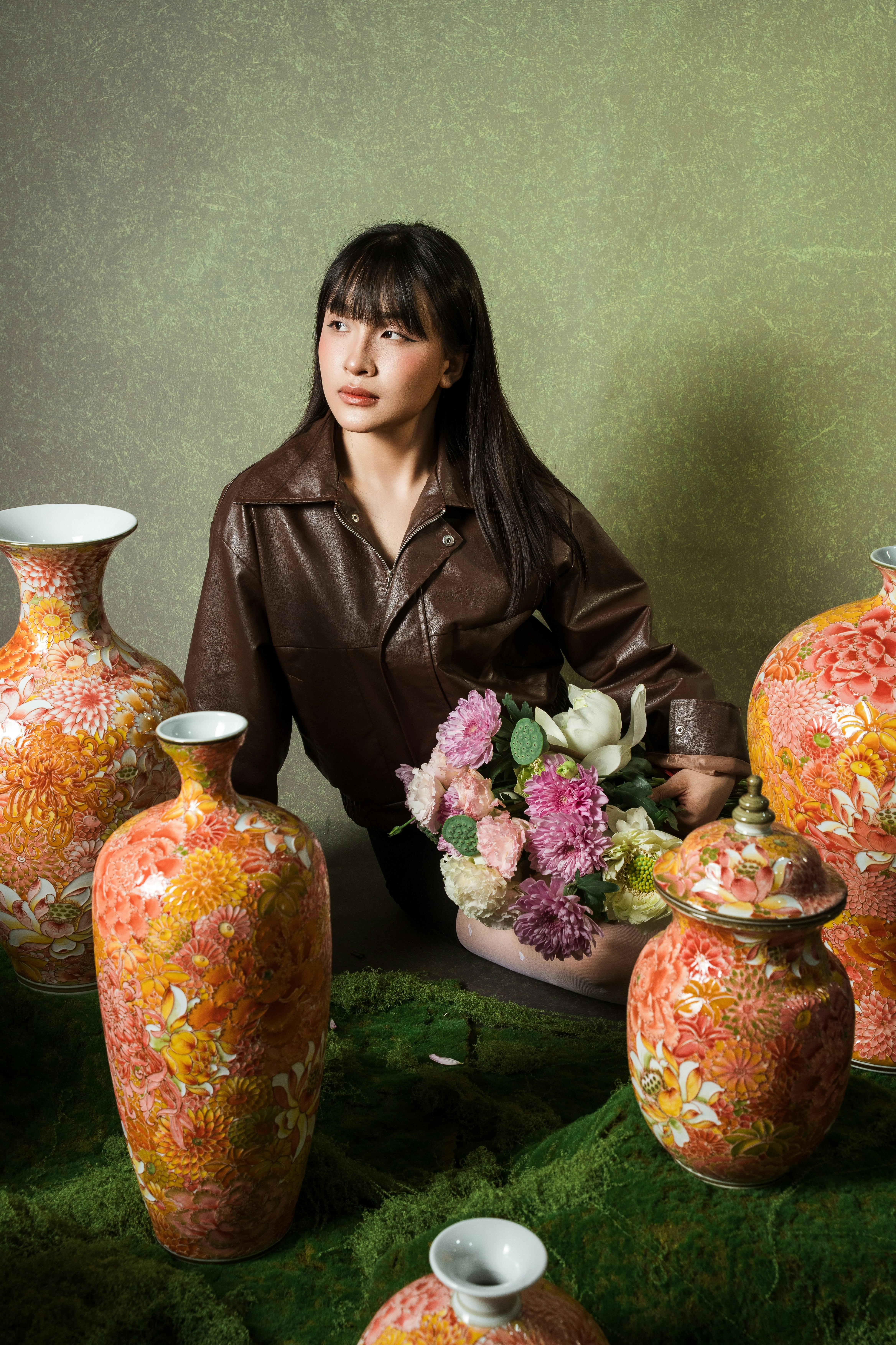 Portrait Among Vases: Quiet Contemplation with Floral Stillness