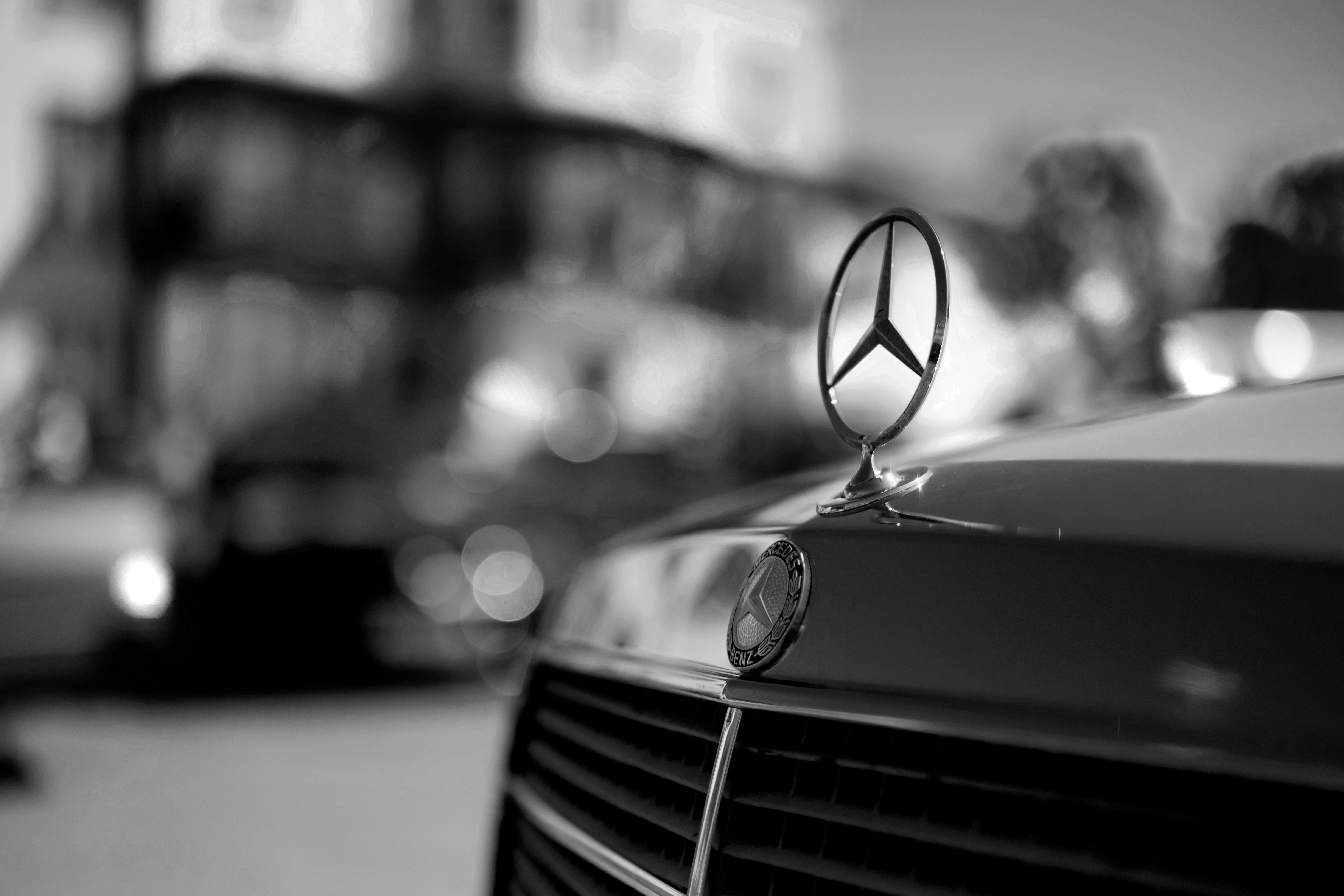 Mercedes Emblem in Soft Focus: A Noir Grill Portrait