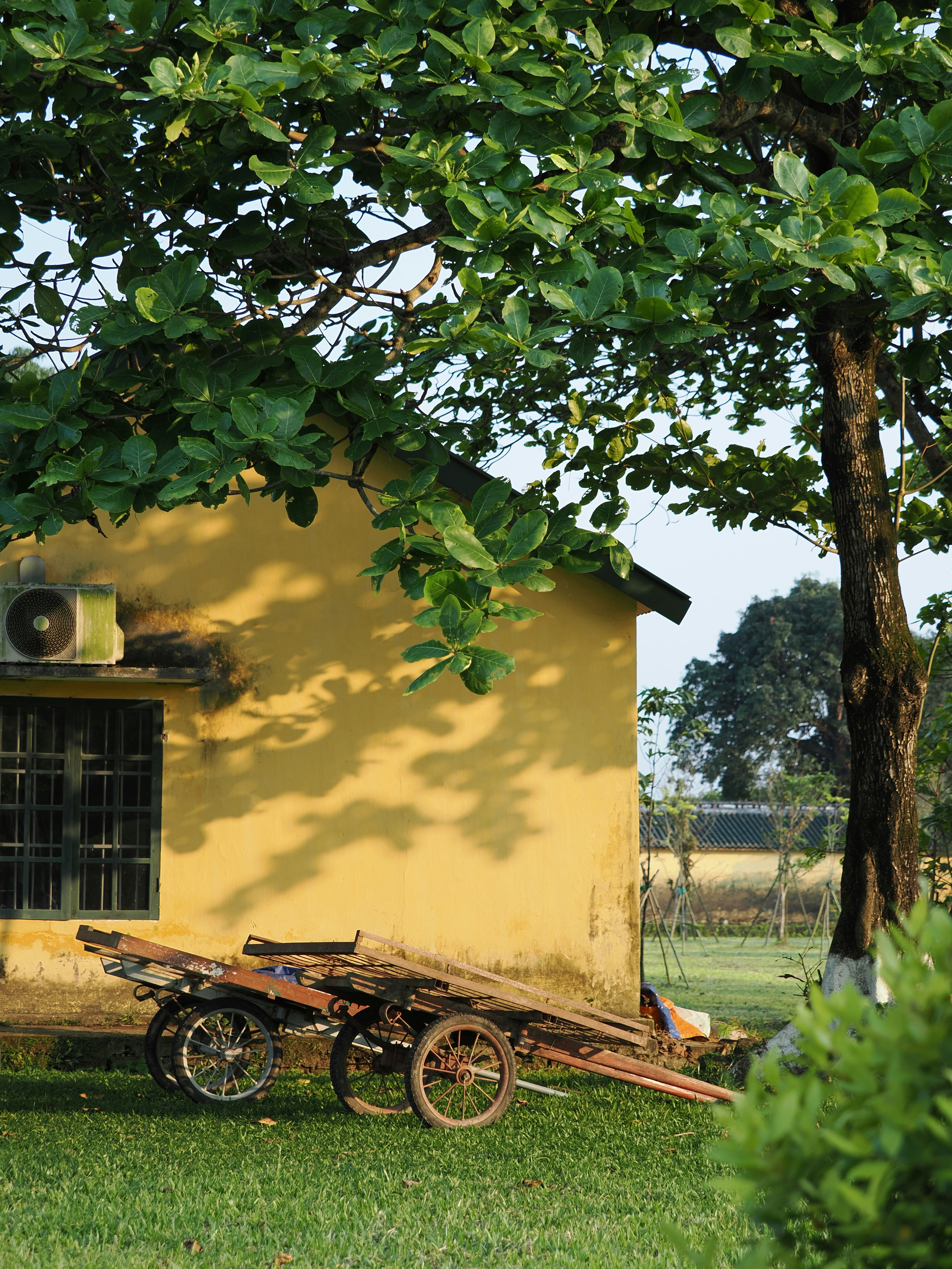 Sunlit Farmyard Stillness by a Yellow Cottage and Wagon