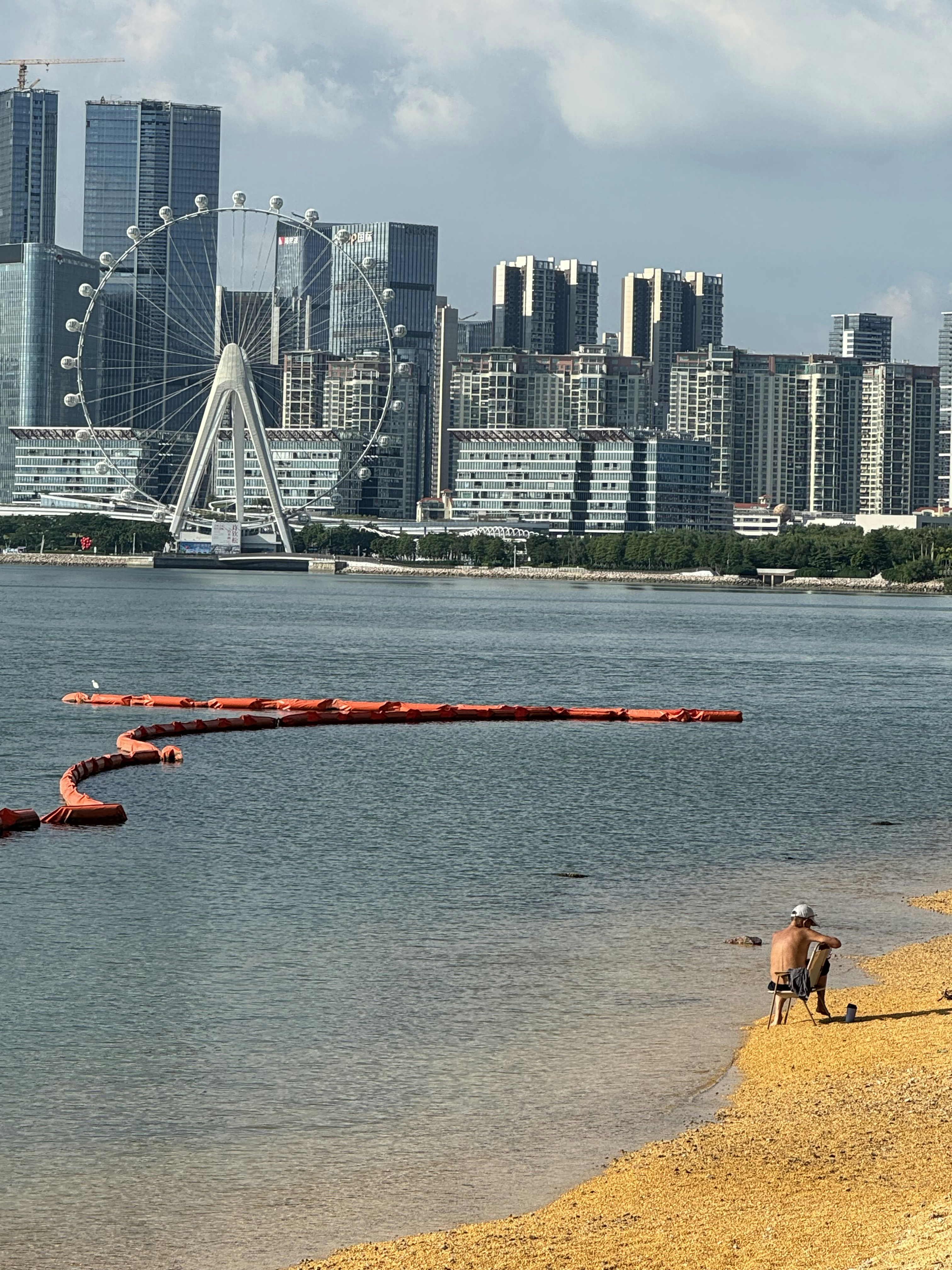 City by the Lake: Ferris Wheel, Skyscrapers and a Lone Beachgoer