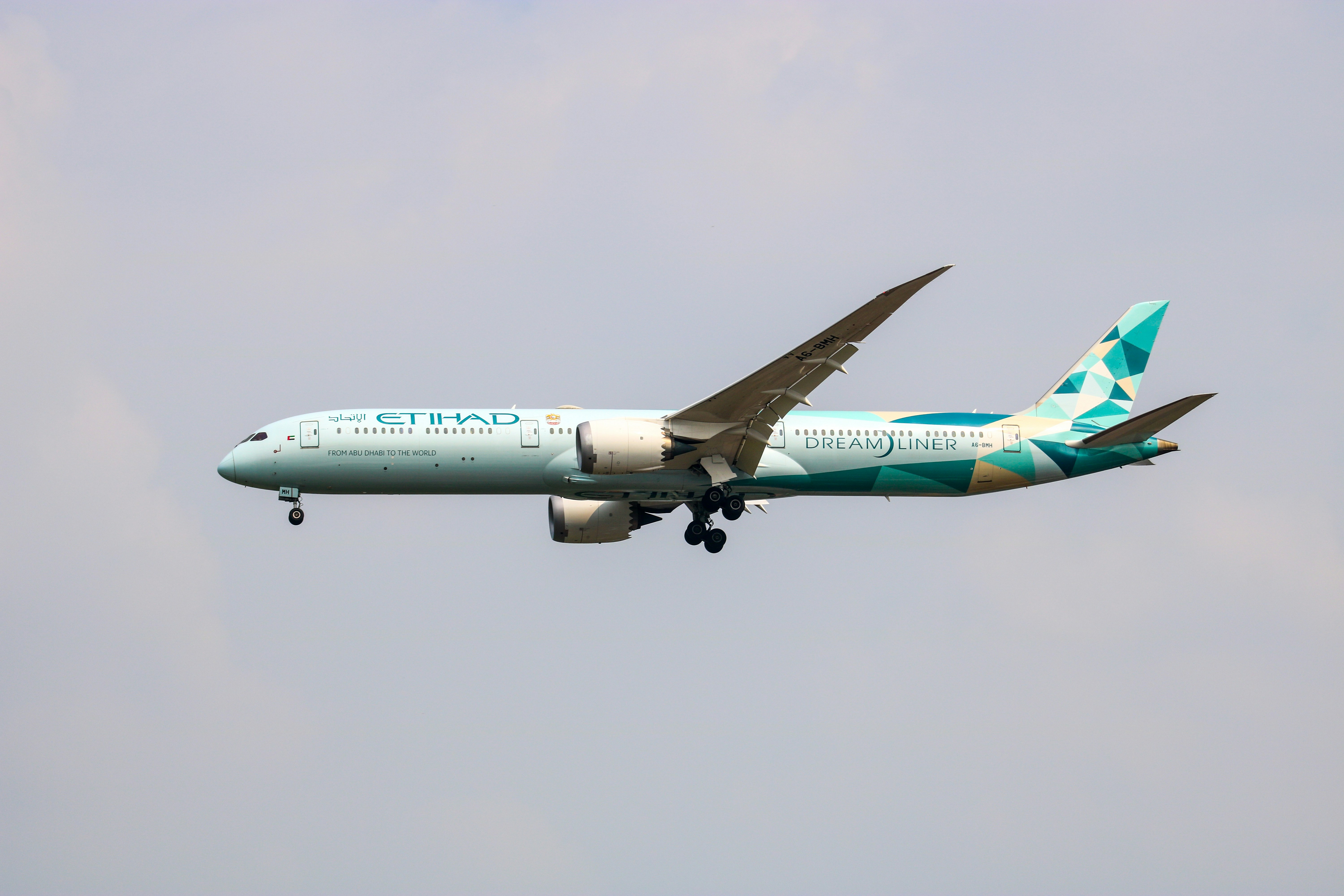 Etihad in Flight: Mint-green fuselage gliding toward a clear sky
