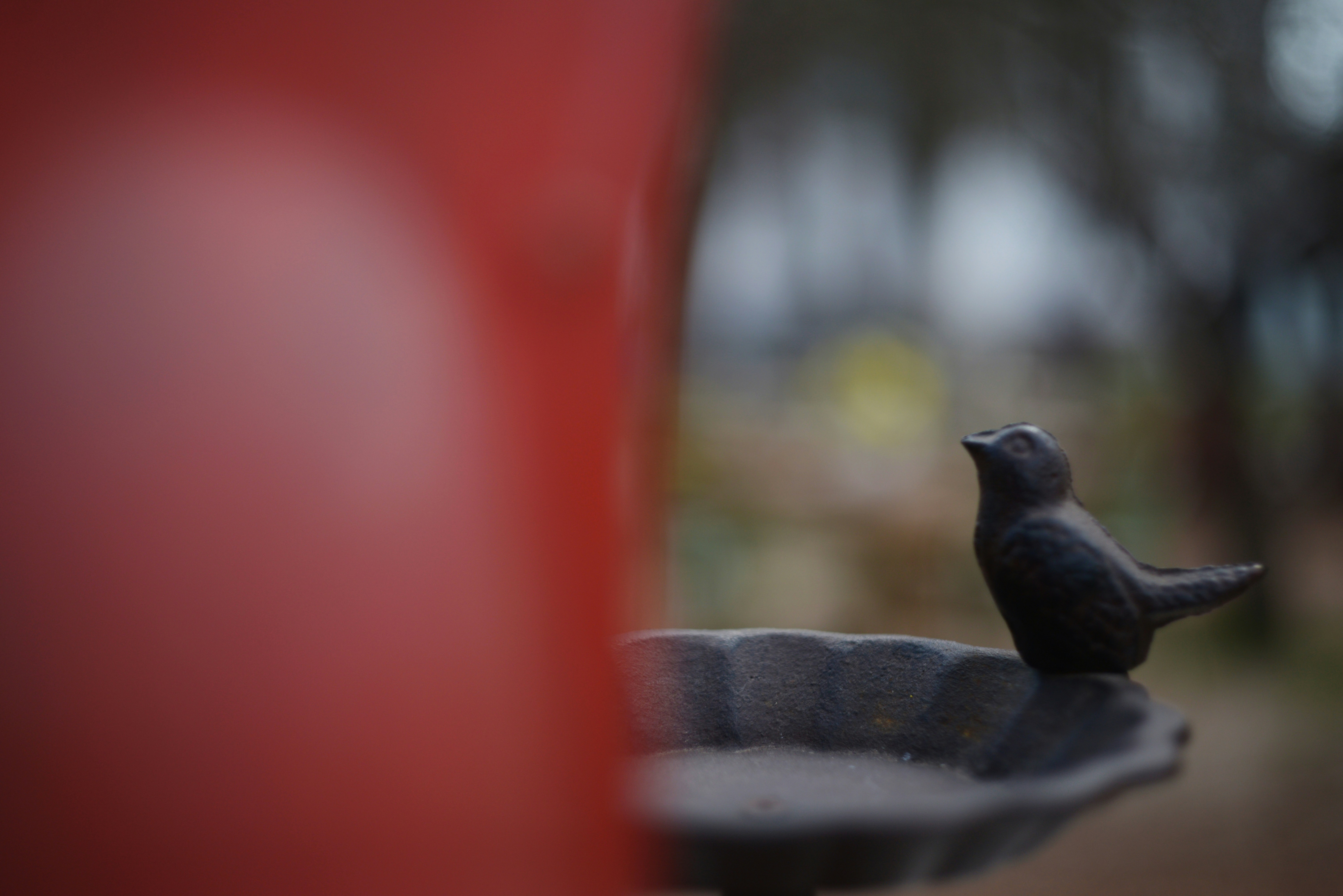 Muted Bird on a Dish: Soft Focus in a Garden Nook