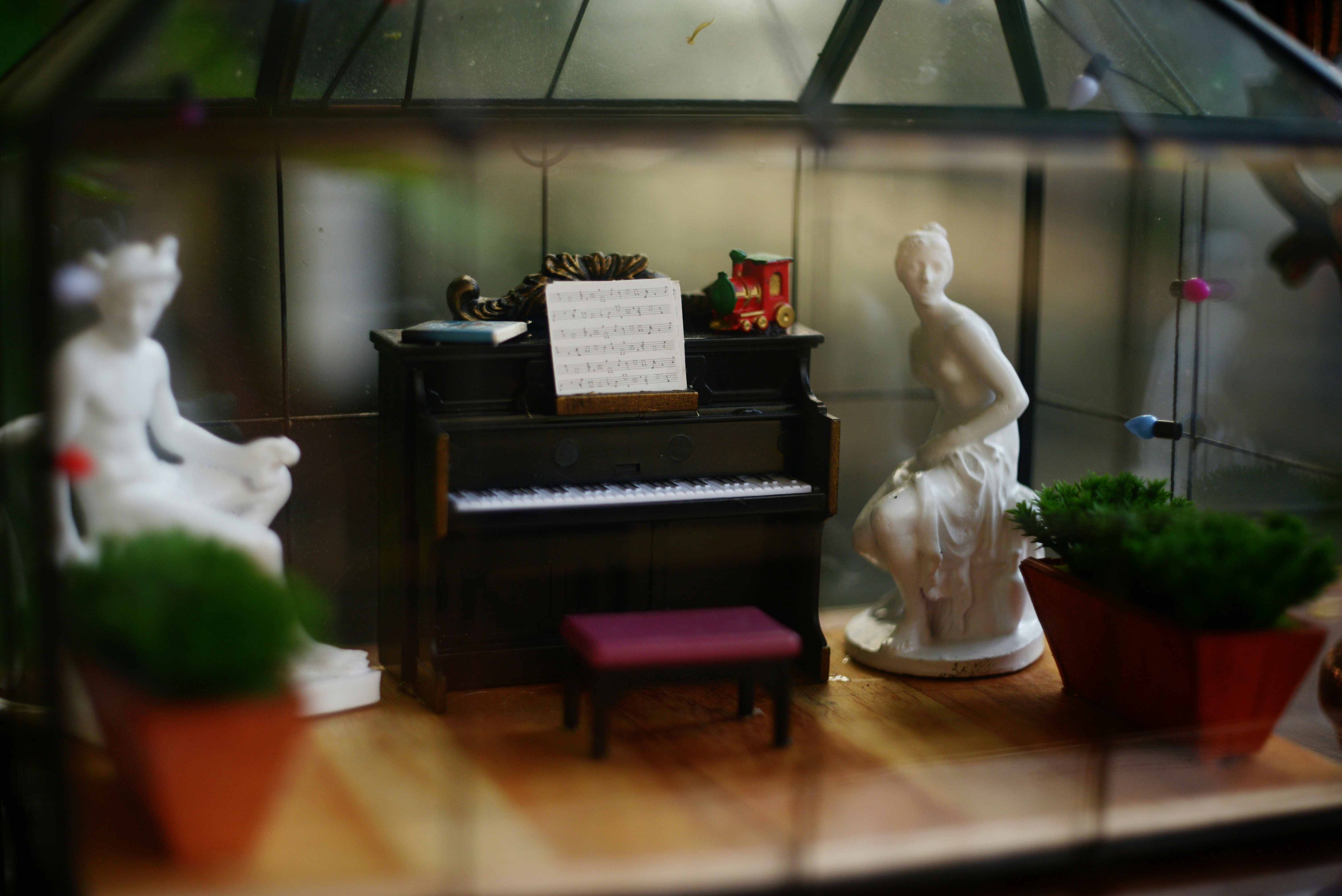Miniature Keyboard in a Glass Garden: Quiet Piano Scene