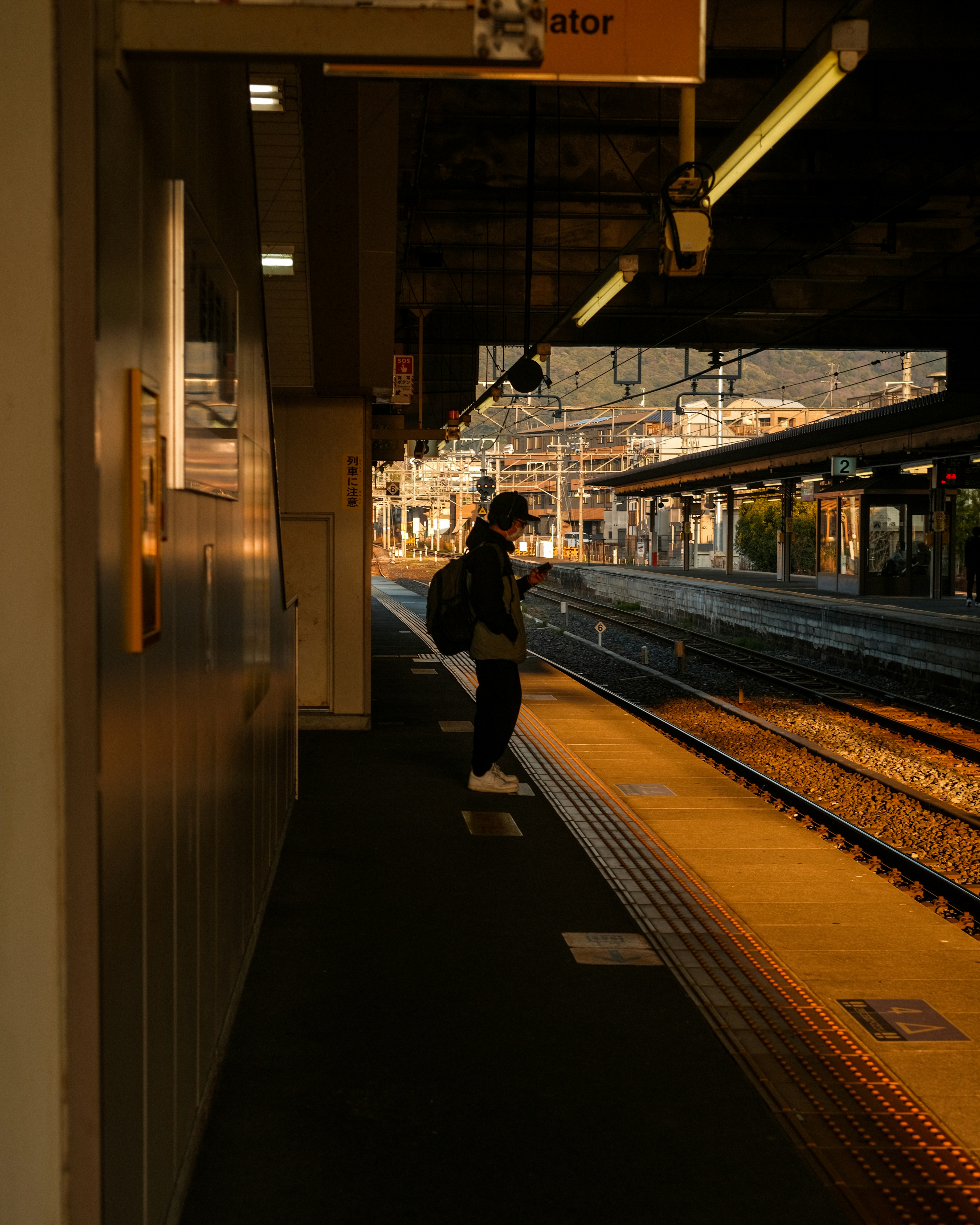 Quiet Stop at the City Rail: A Passenger Pauses Beneath Neon Shadows