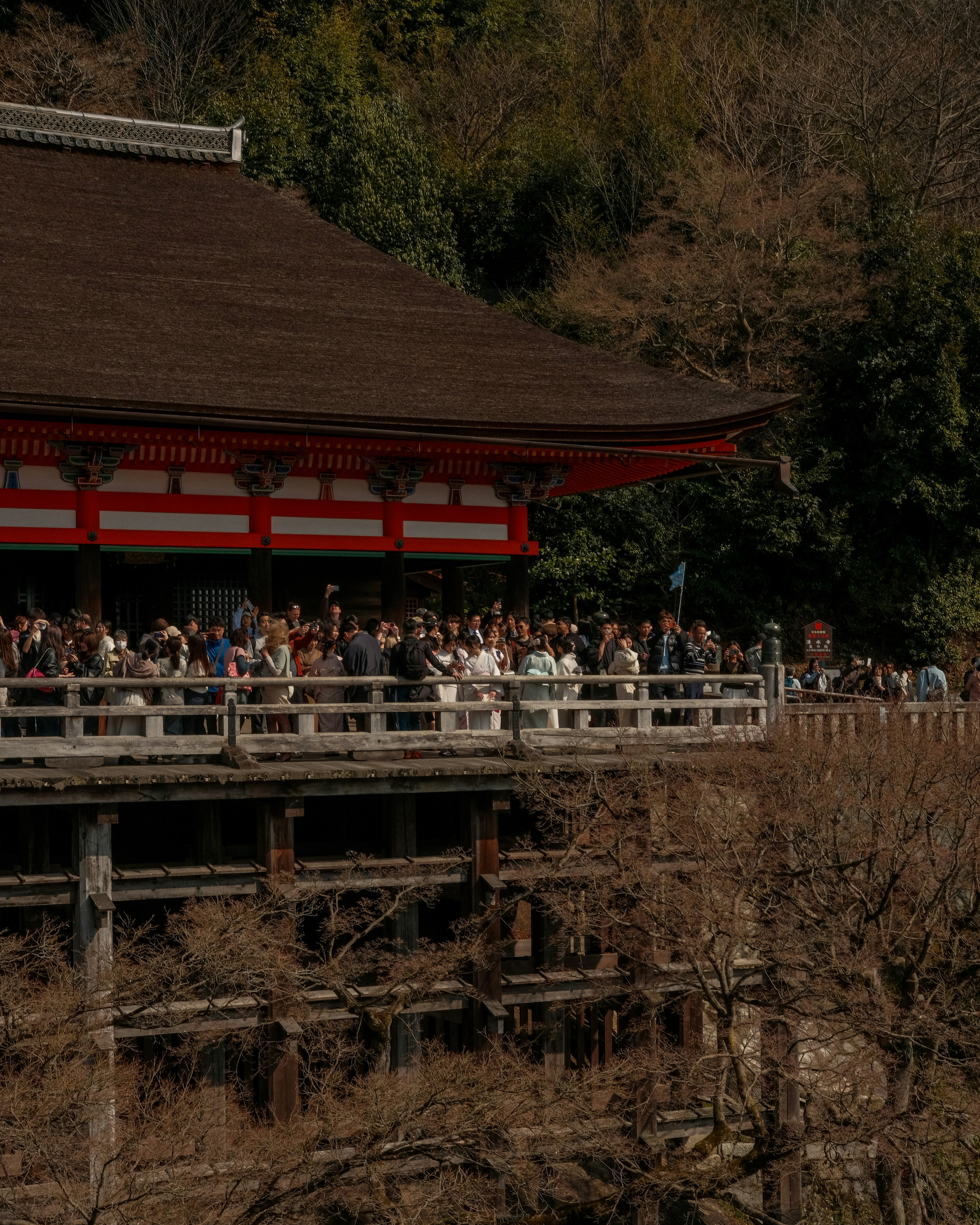 Temple Bridge Crowd: A Quiet Corridor of Visitors Along a Traditional Red-Trimmed Sanctuary