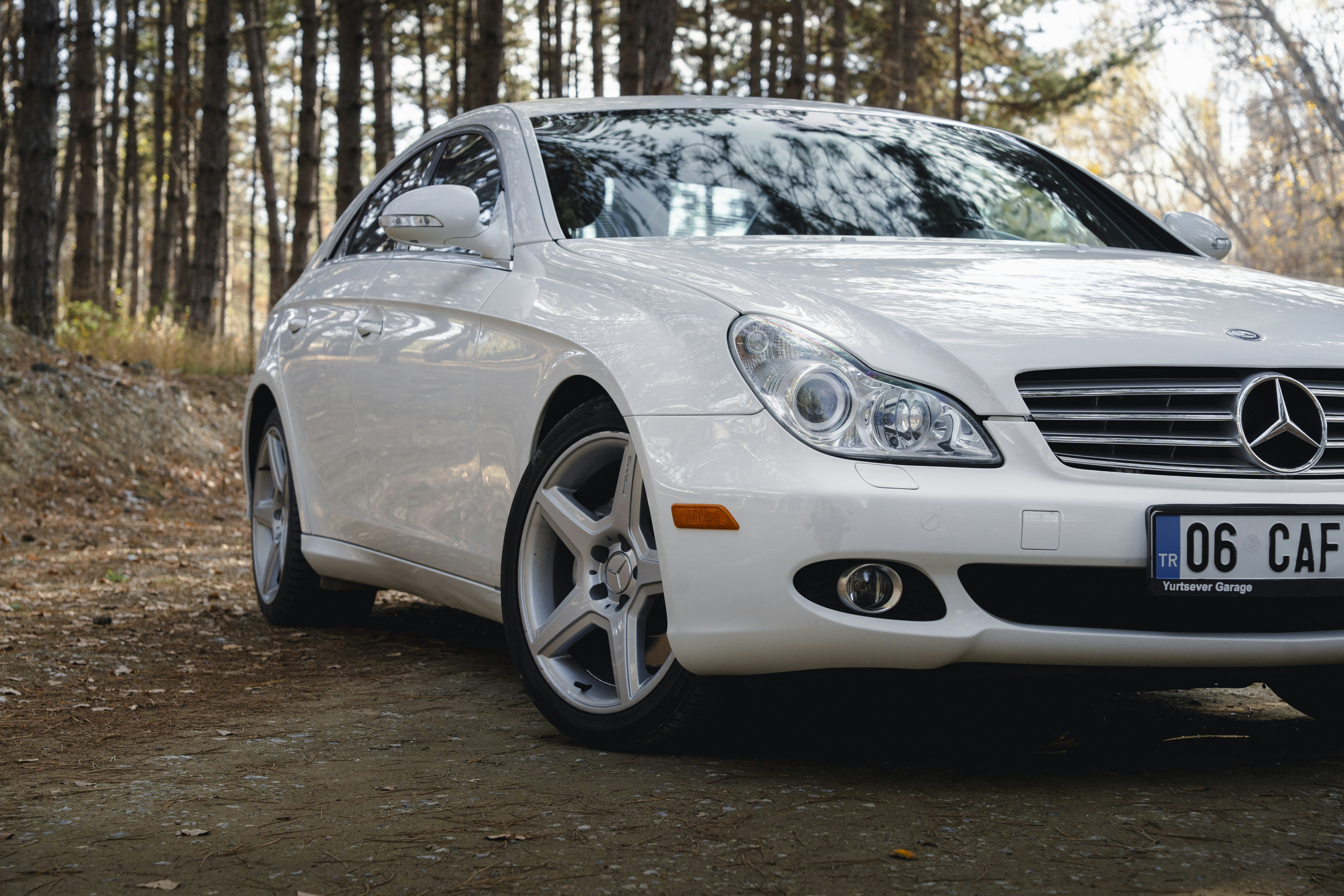 White Mercedes Stance in a Pine Woodland Parking