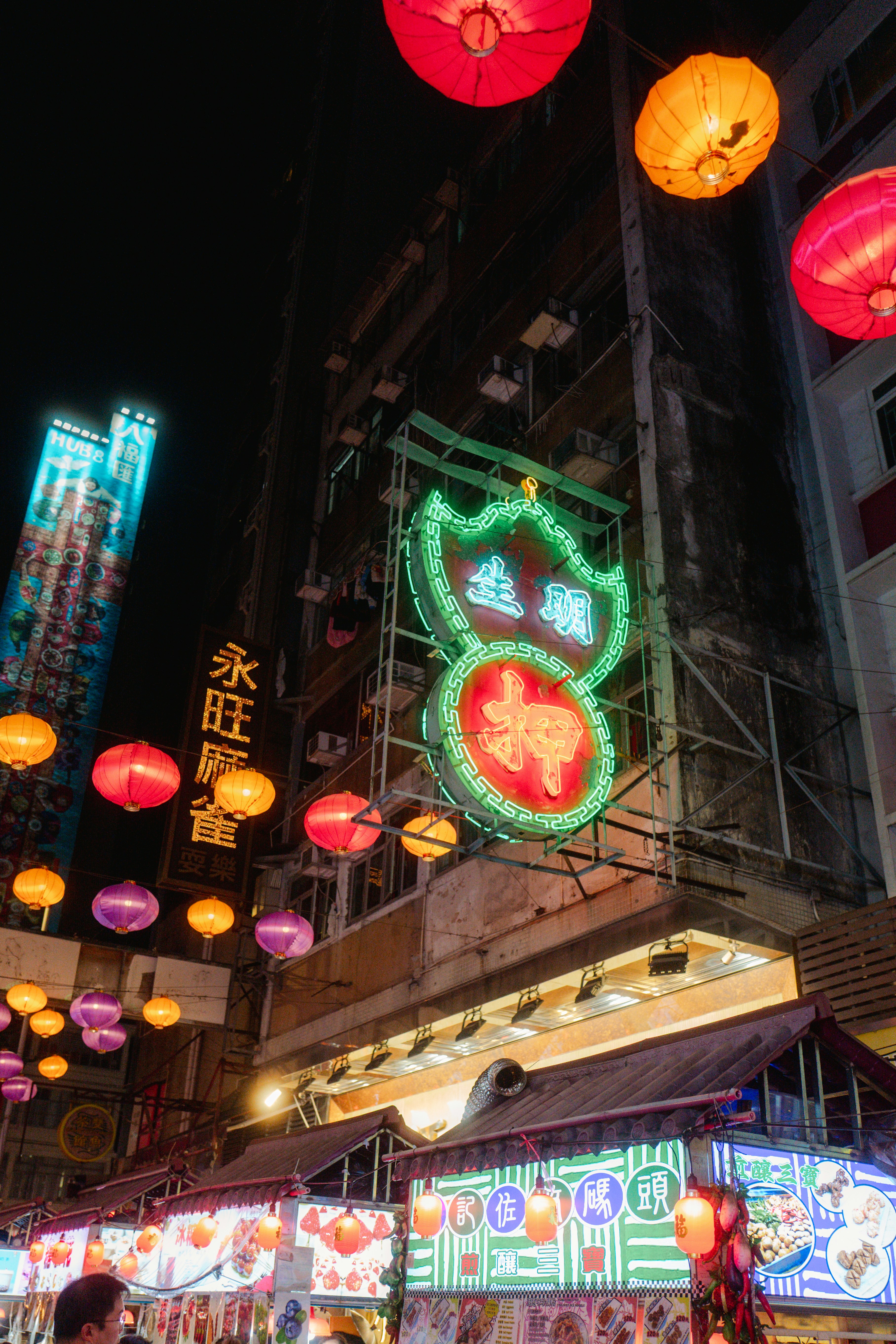 Neon Lanterns Over a Bustling Night Market Facade