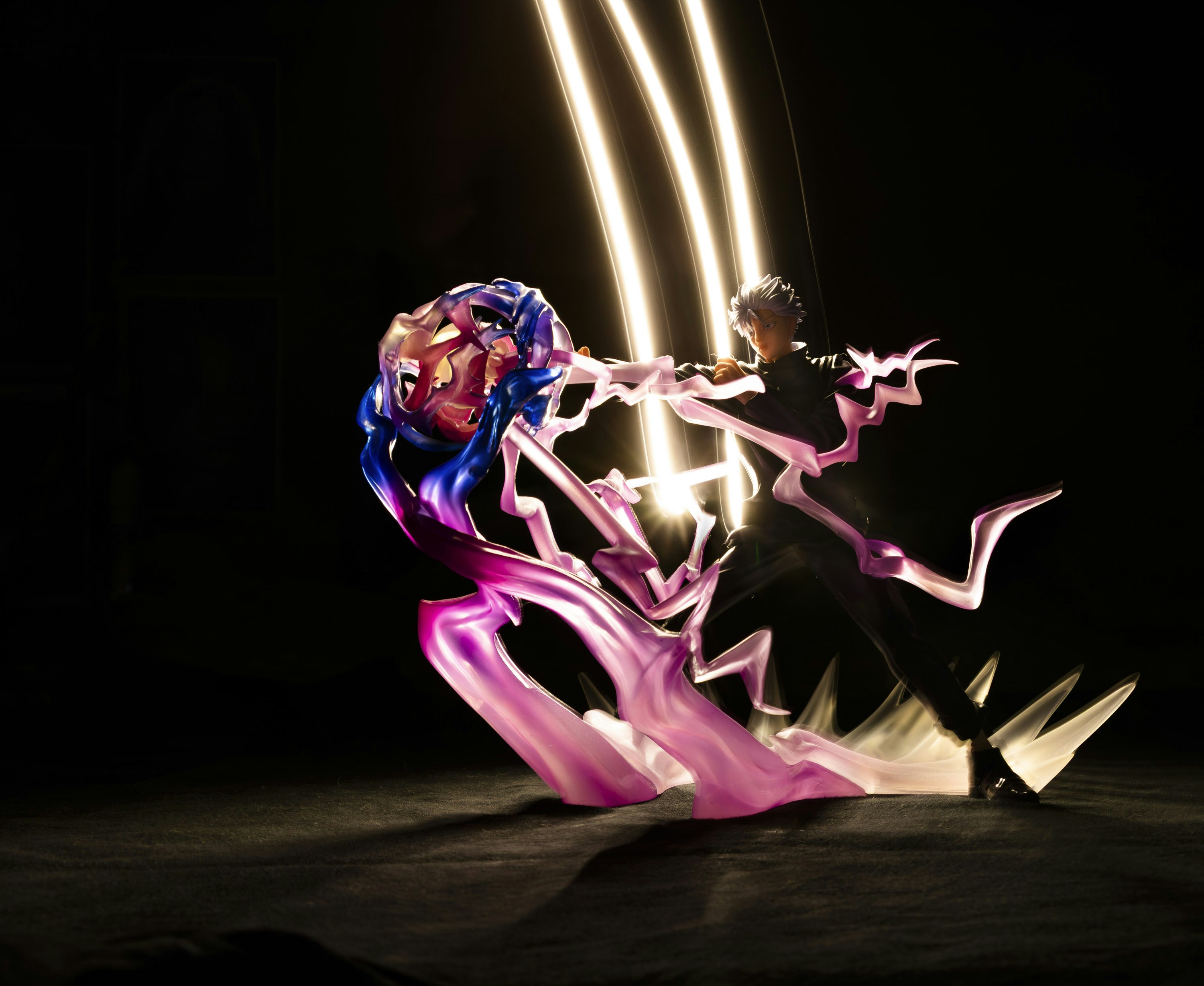 Dance of Light and Ribbon: Dual Performers Wrapped in Neon Trails