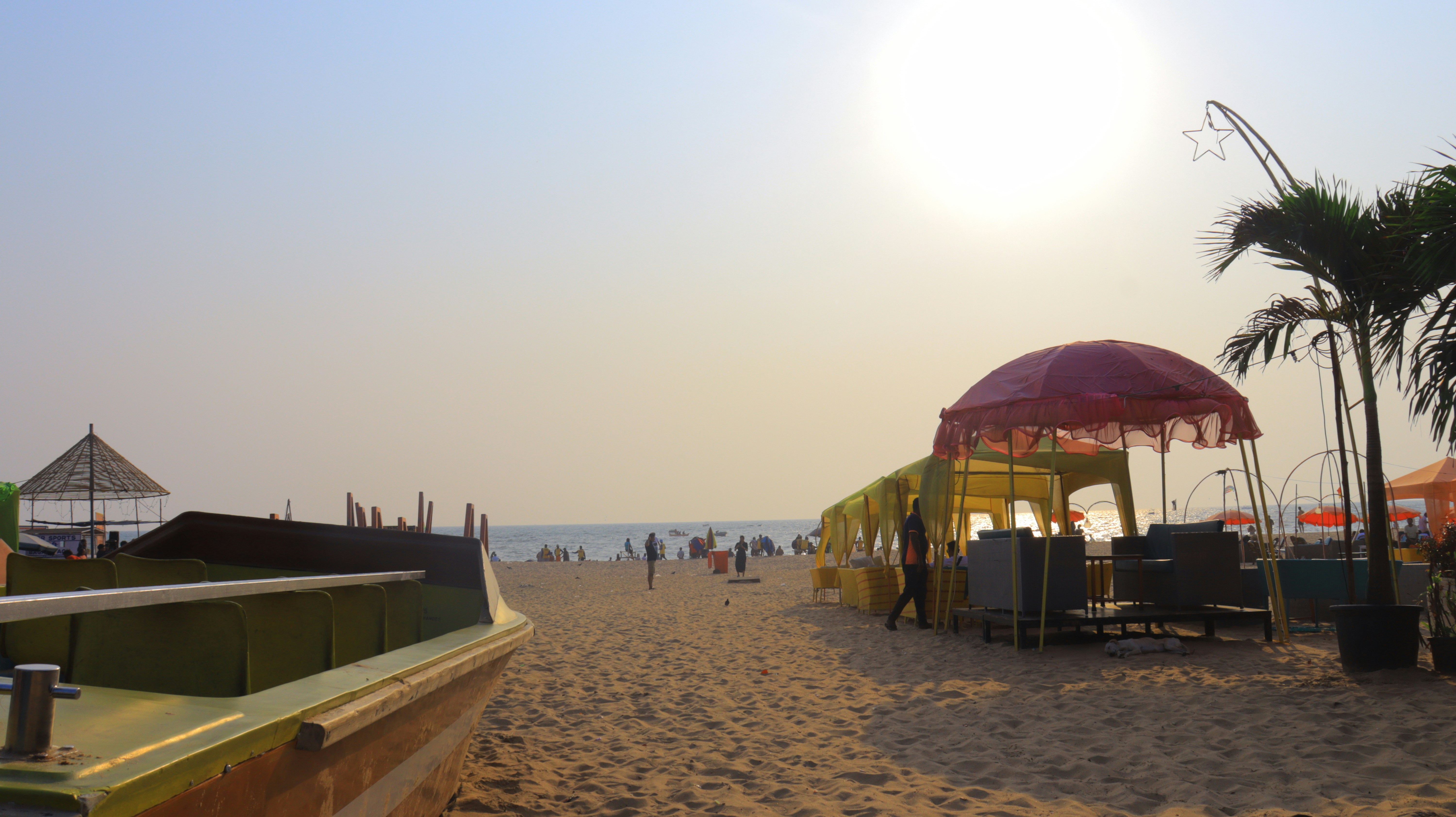 Sunlit Beachfront Rendezvous under Umbrellas and Palms