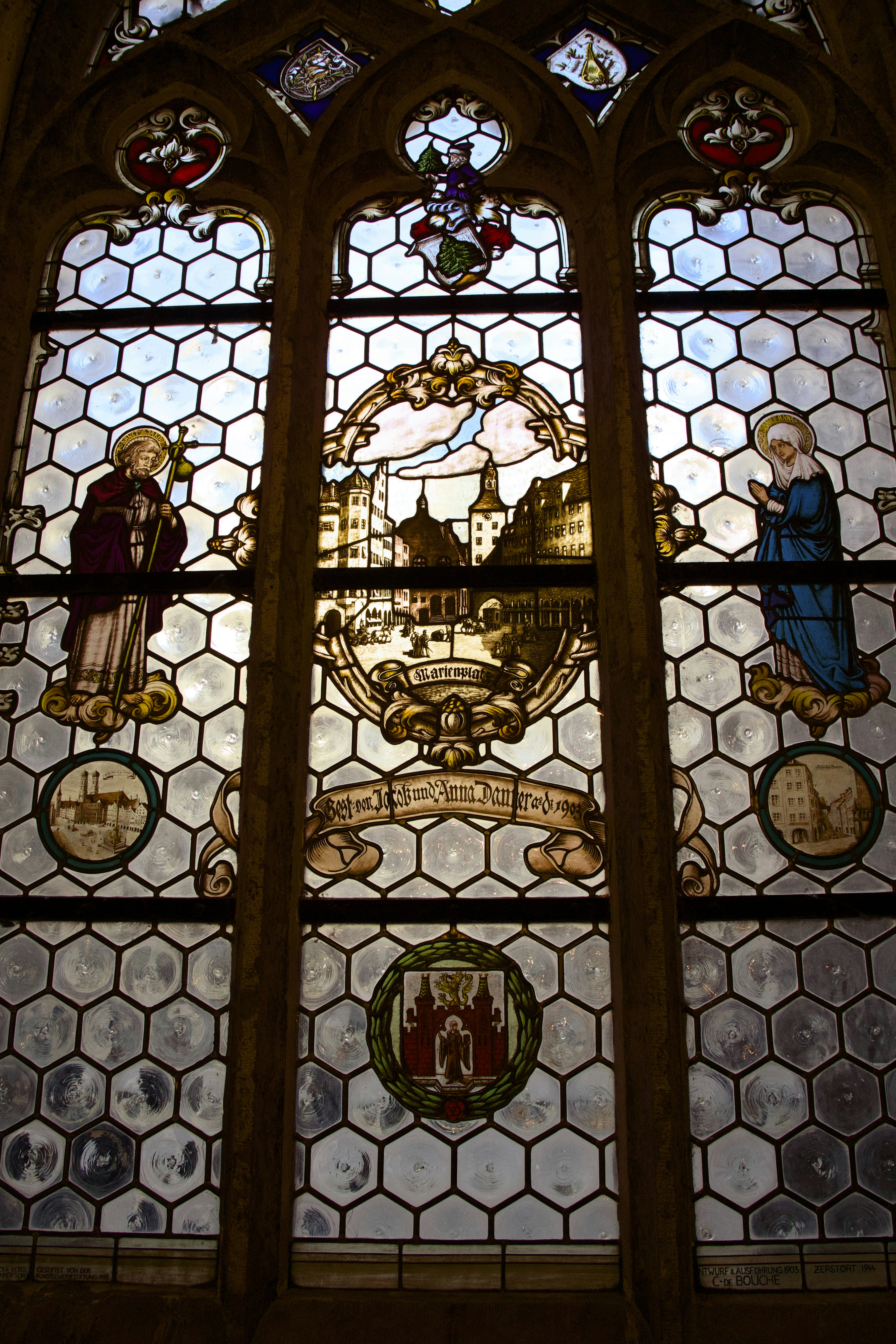 Stained Glass Cathedral Window: Medieval Heraldry and City Crest