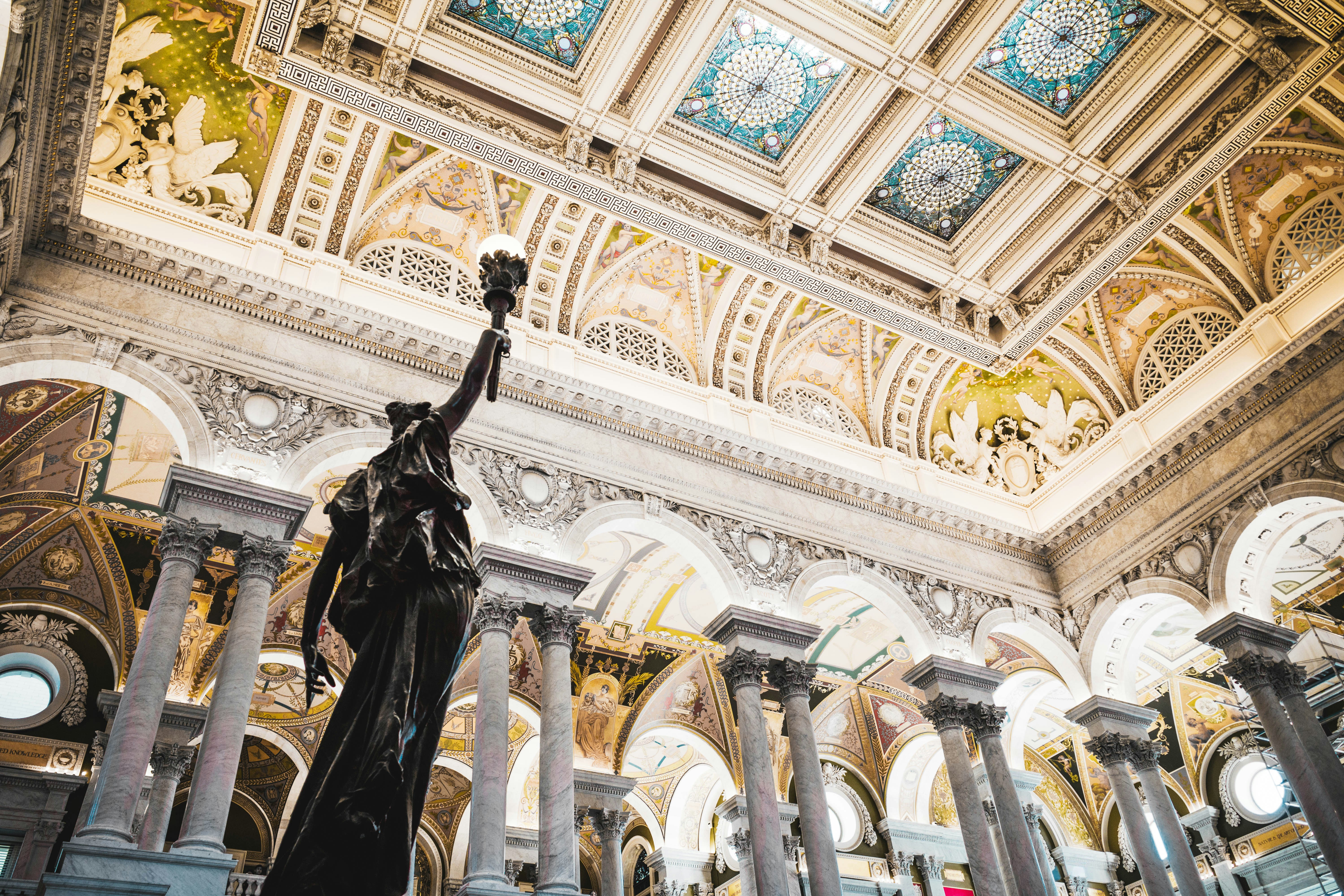 Ivory Domes and a Statue: Grand Hall Under Painted Skies