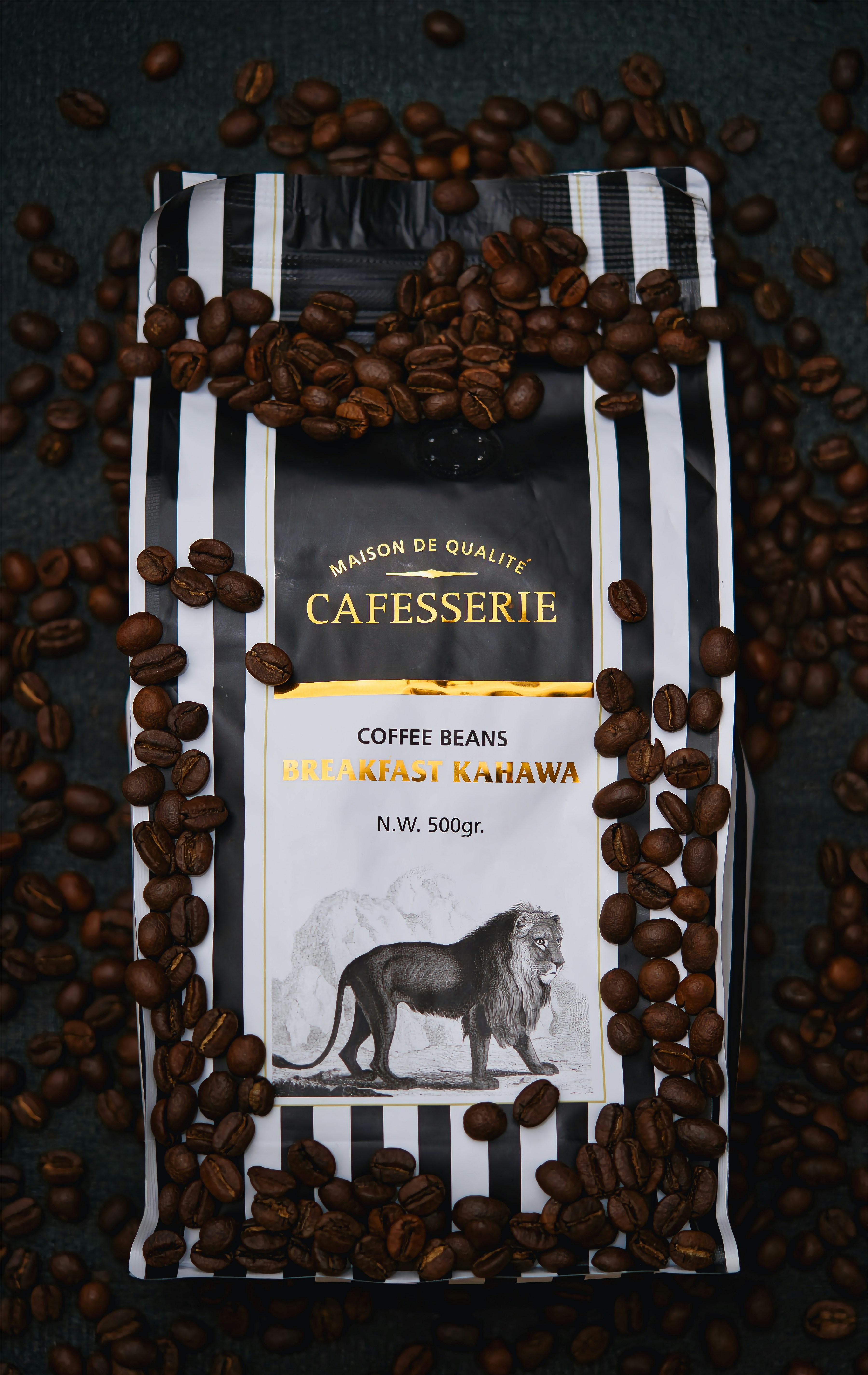 Striding Lion packaging: coffee beans in a striped bag surrounded by roasted beans