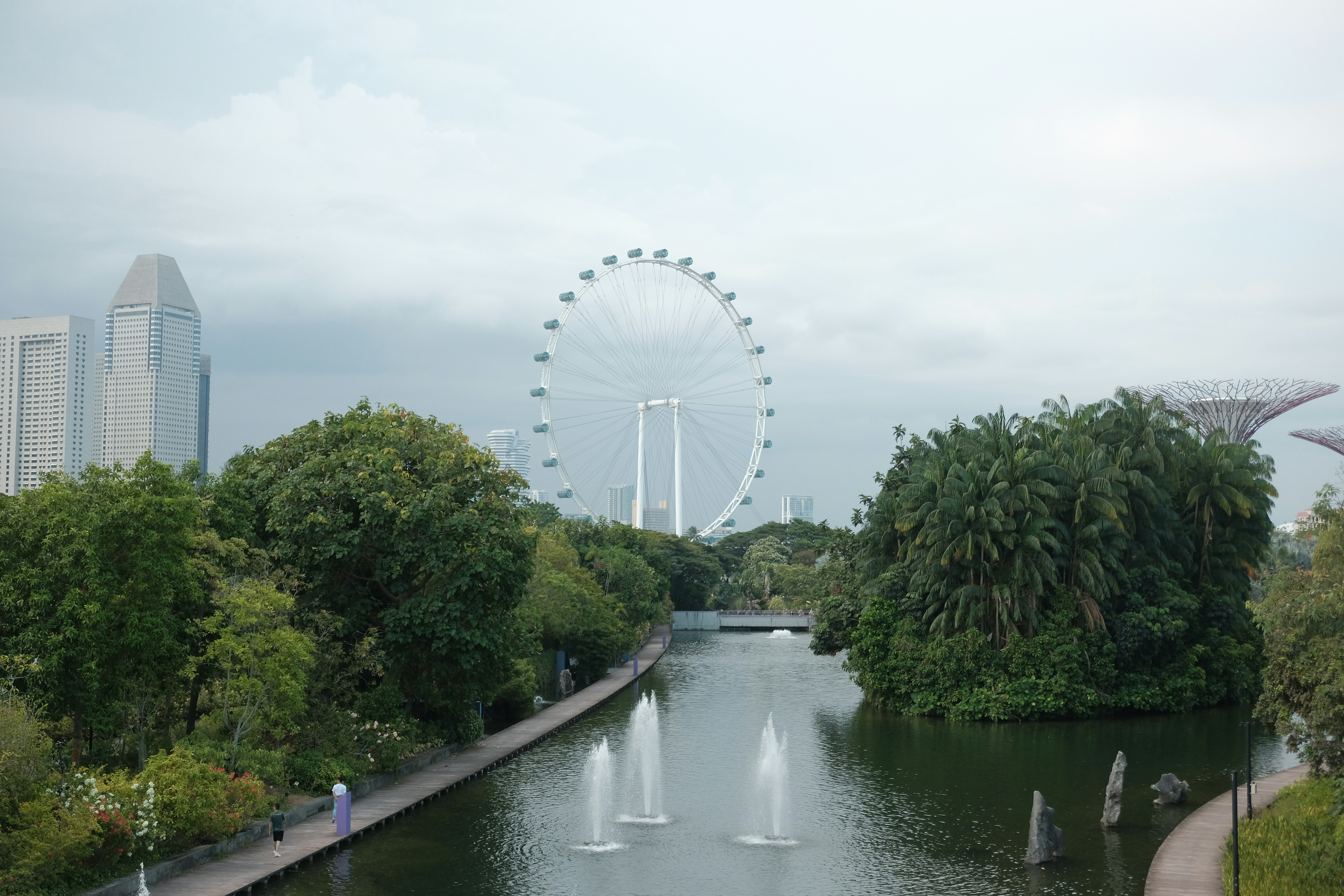 Wheel of Serenity: Singapore's Skyline Framed by a Central Park Canal