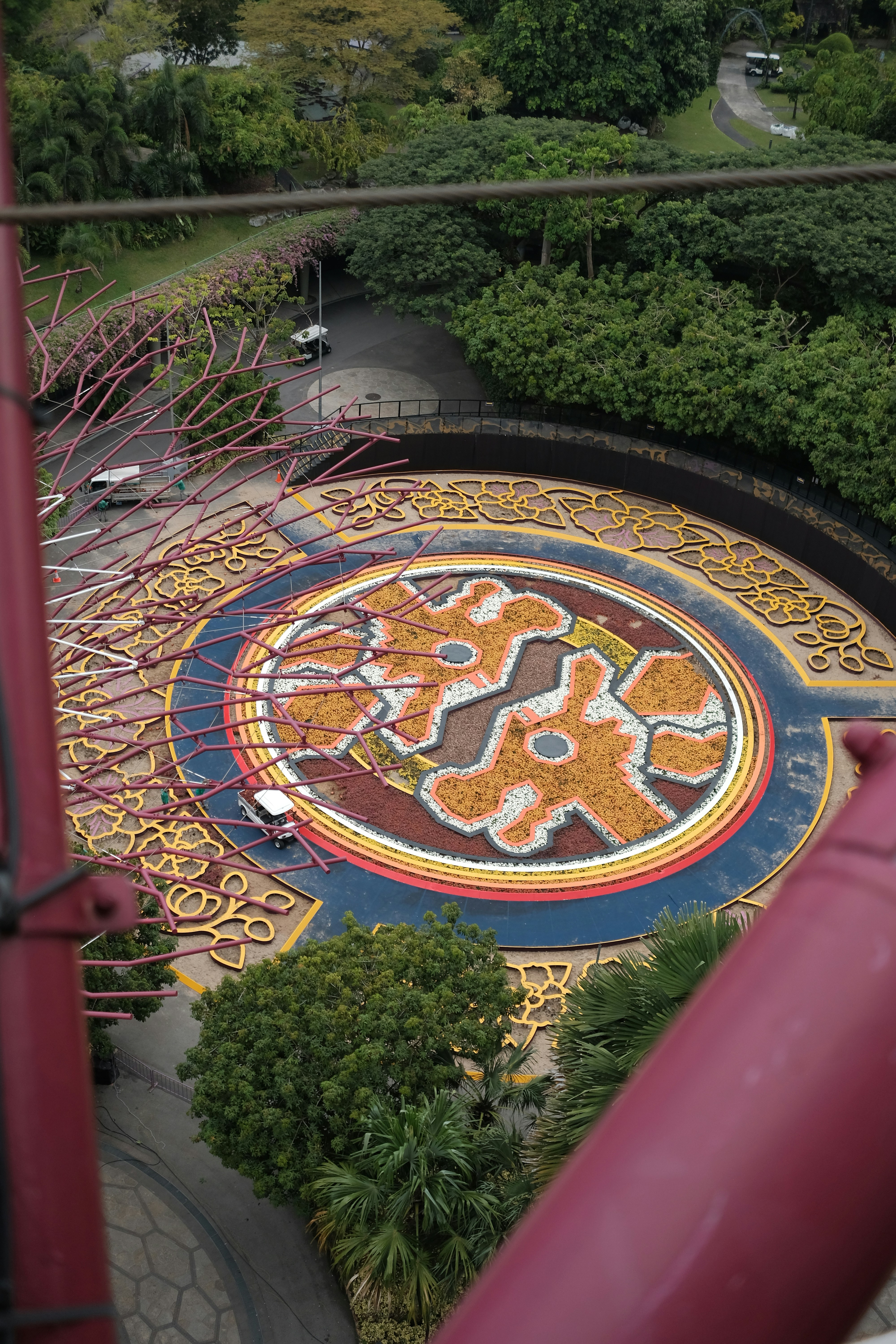 Aerial View: Circular Peyote Motif Encircled by Gardens from a High Balcony
