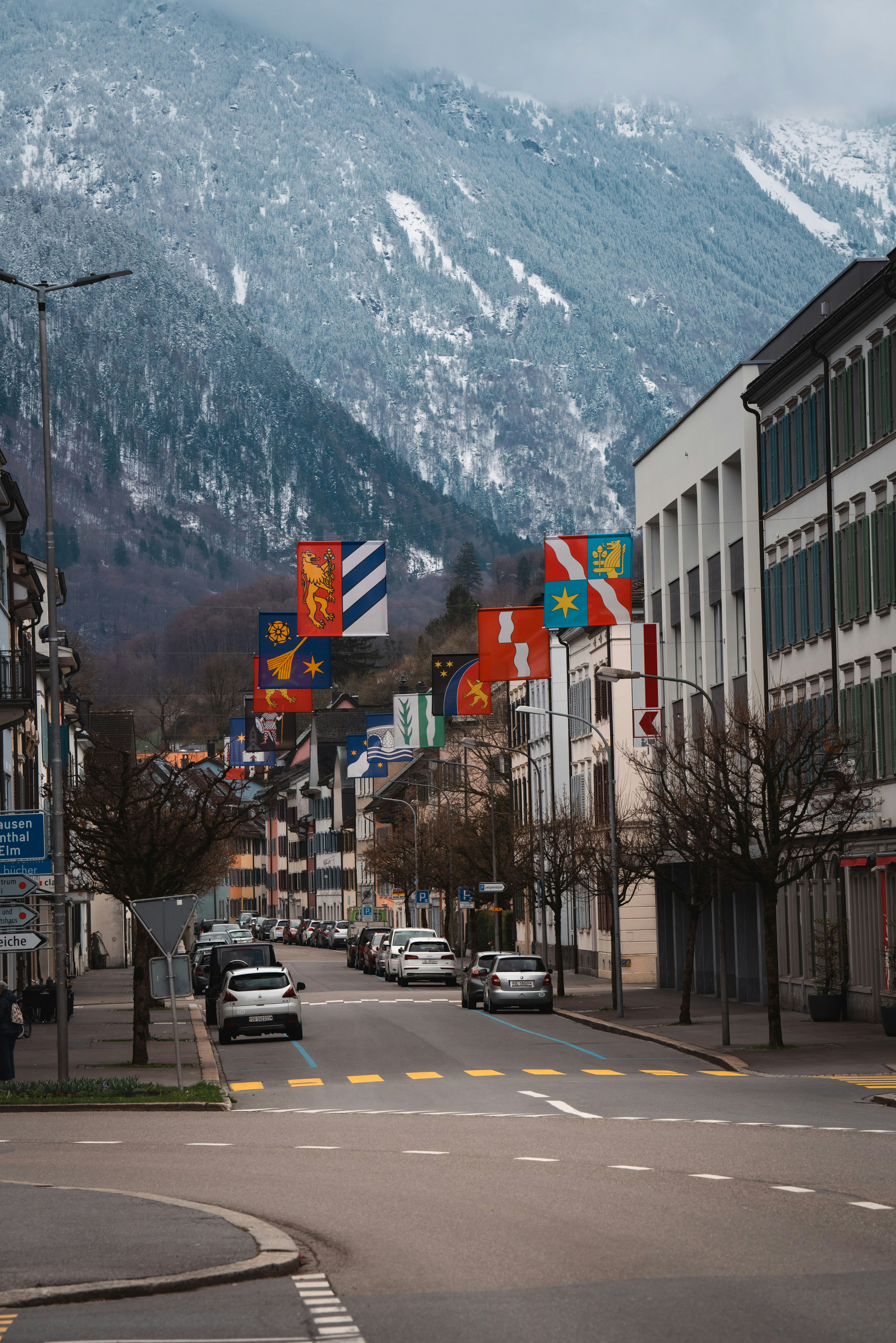 Flags Over a Mountain Street