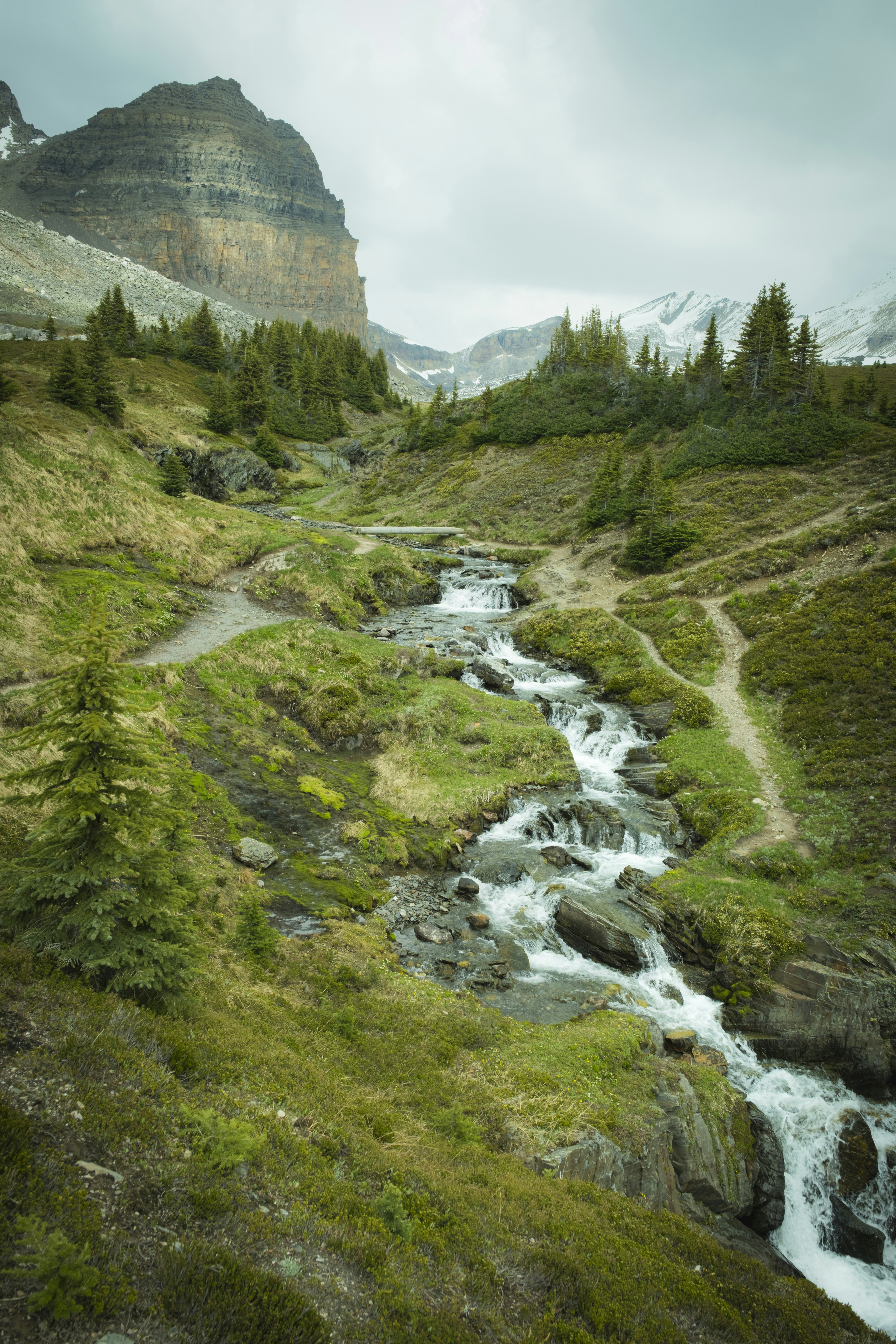 Mountain River Cascade Through Alpine Valley