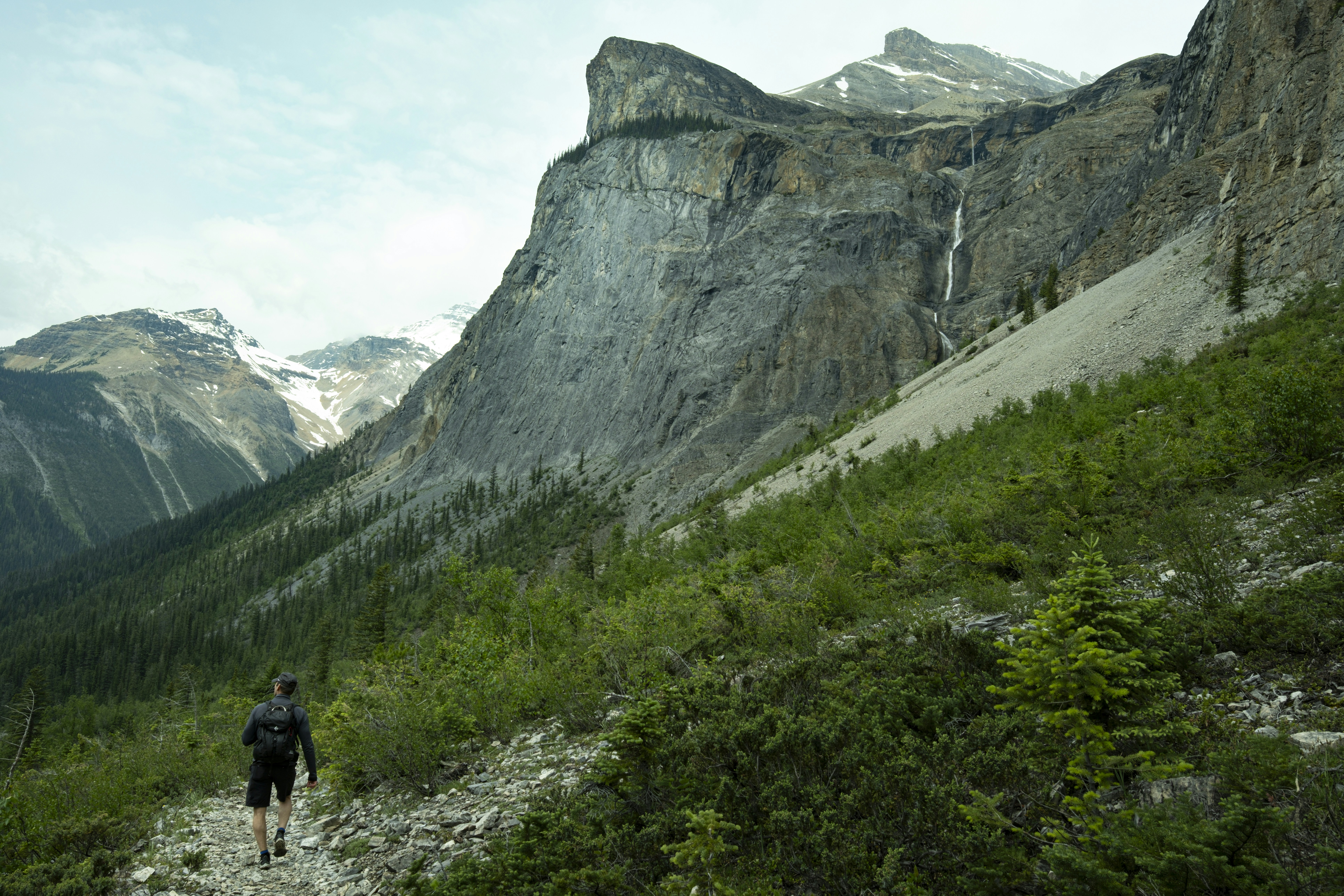 Trailblazer beneath towering peaks: lone hiker amid alpine terraces