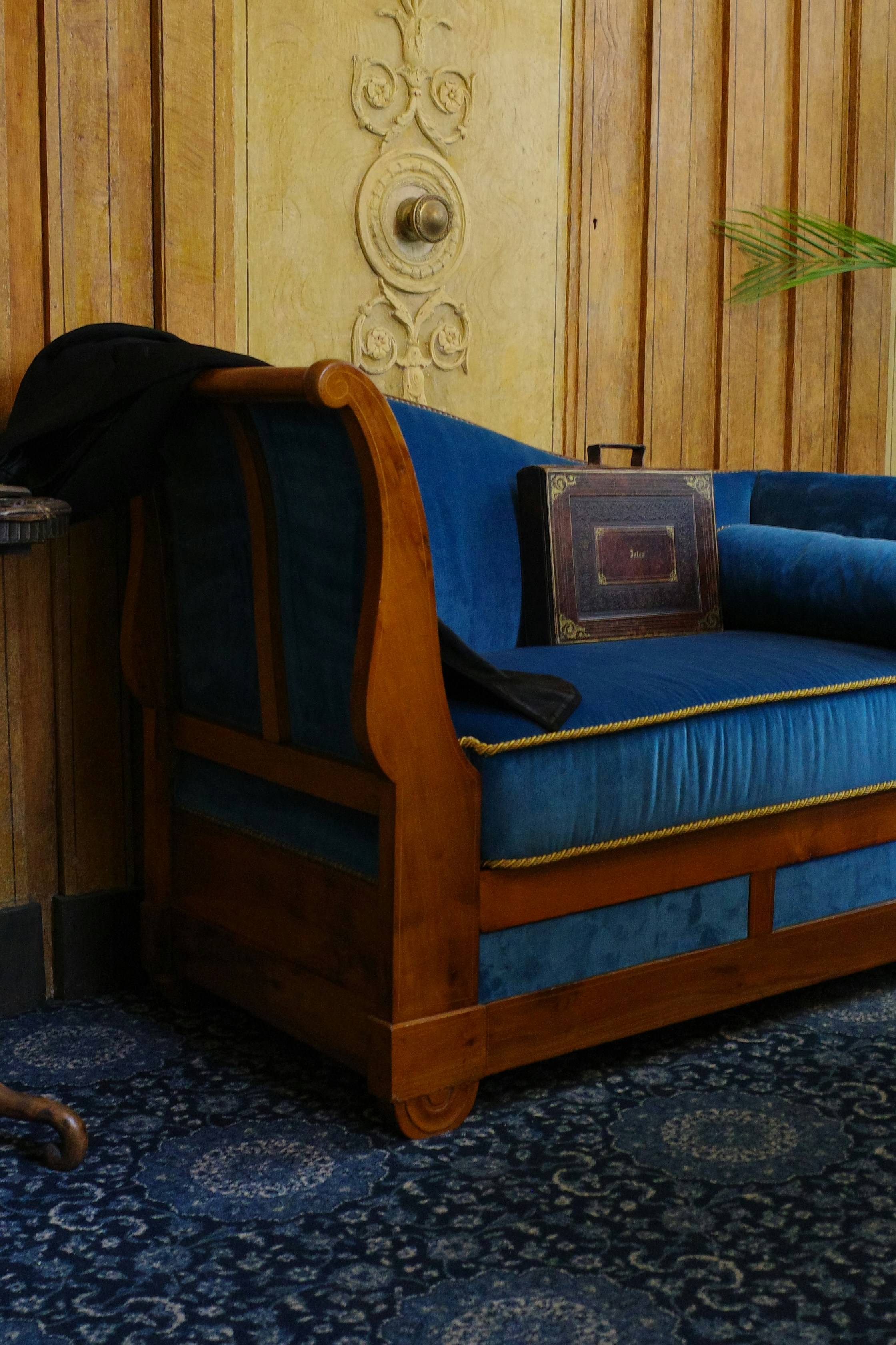 Blue Velvet Armchair in Vintage Hallway