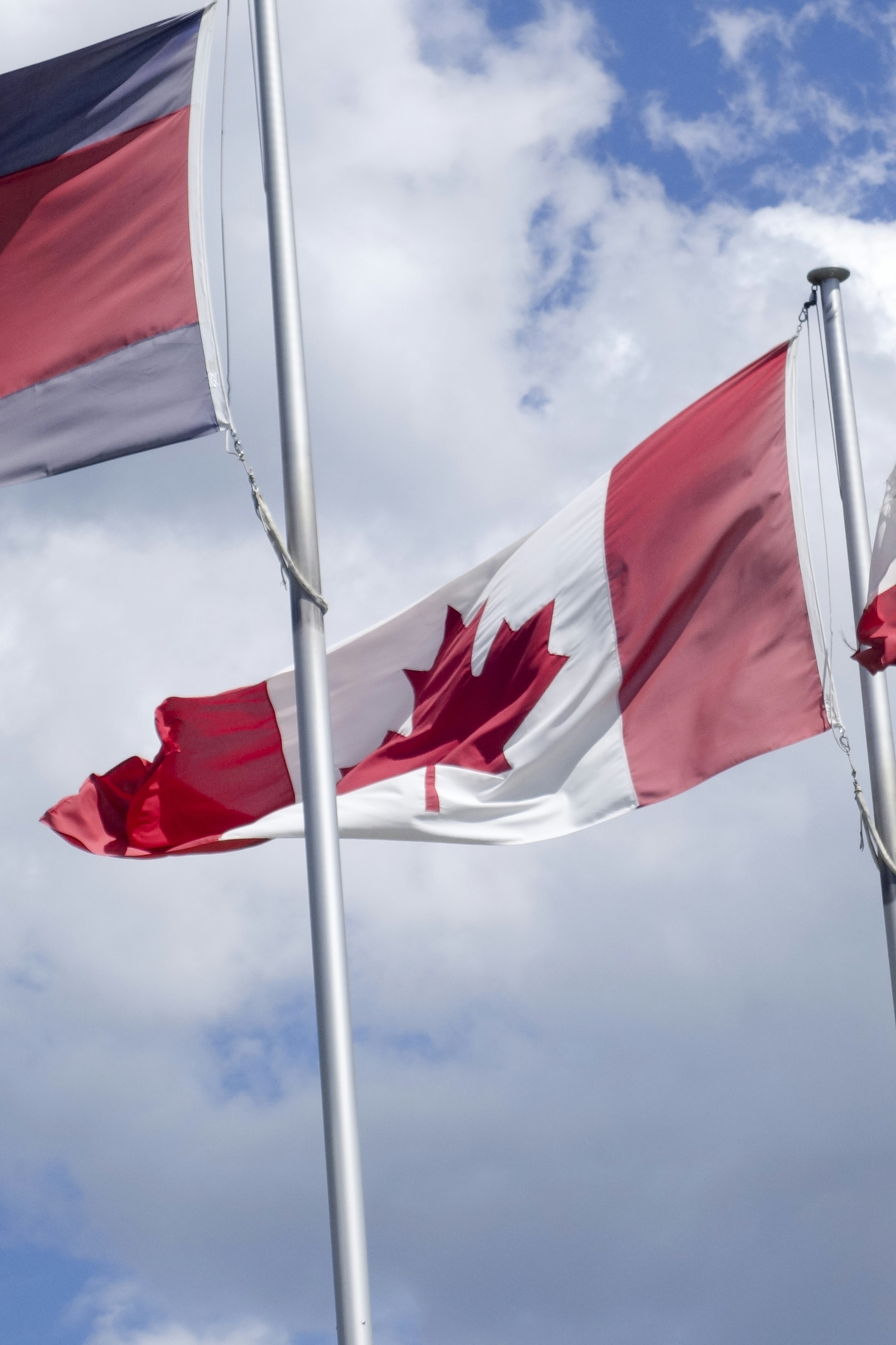Flags in wind: Canadian maple and neighborly red-white banners against a blue-sky backdrop