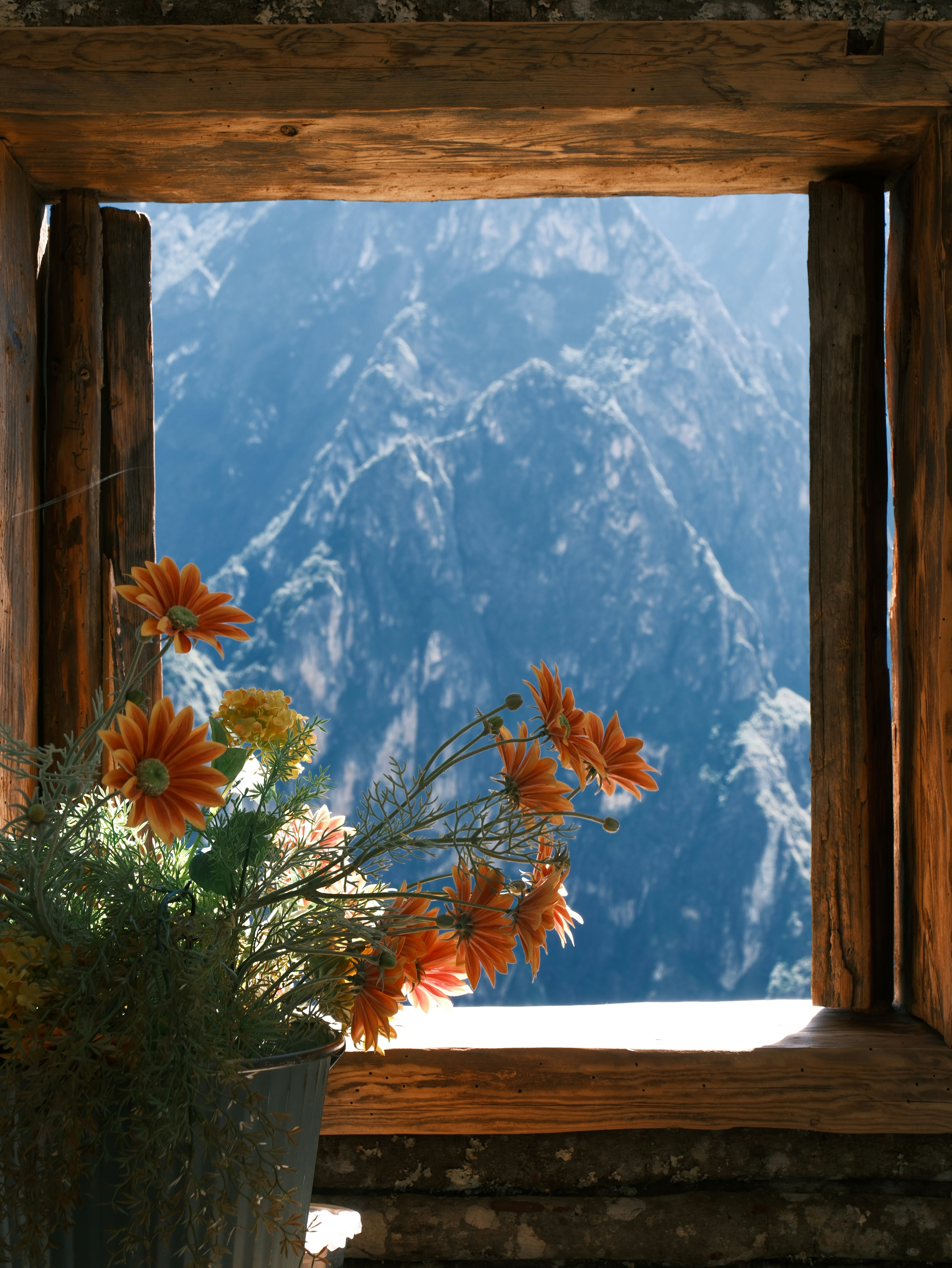 Mountain View Through a Floral Window