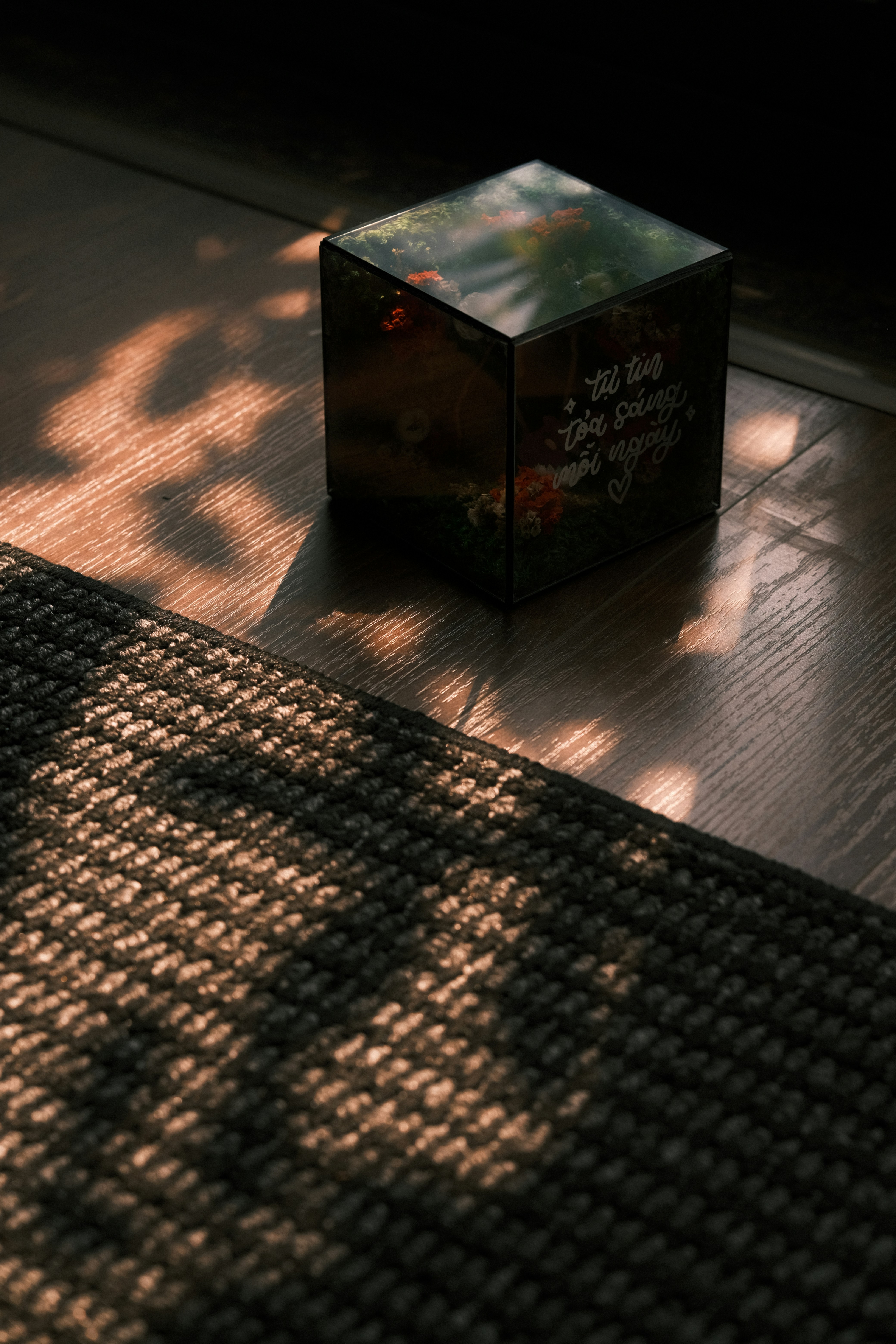 Glazed Cube: Sunlit Shadow Play on a Glass Keepsake