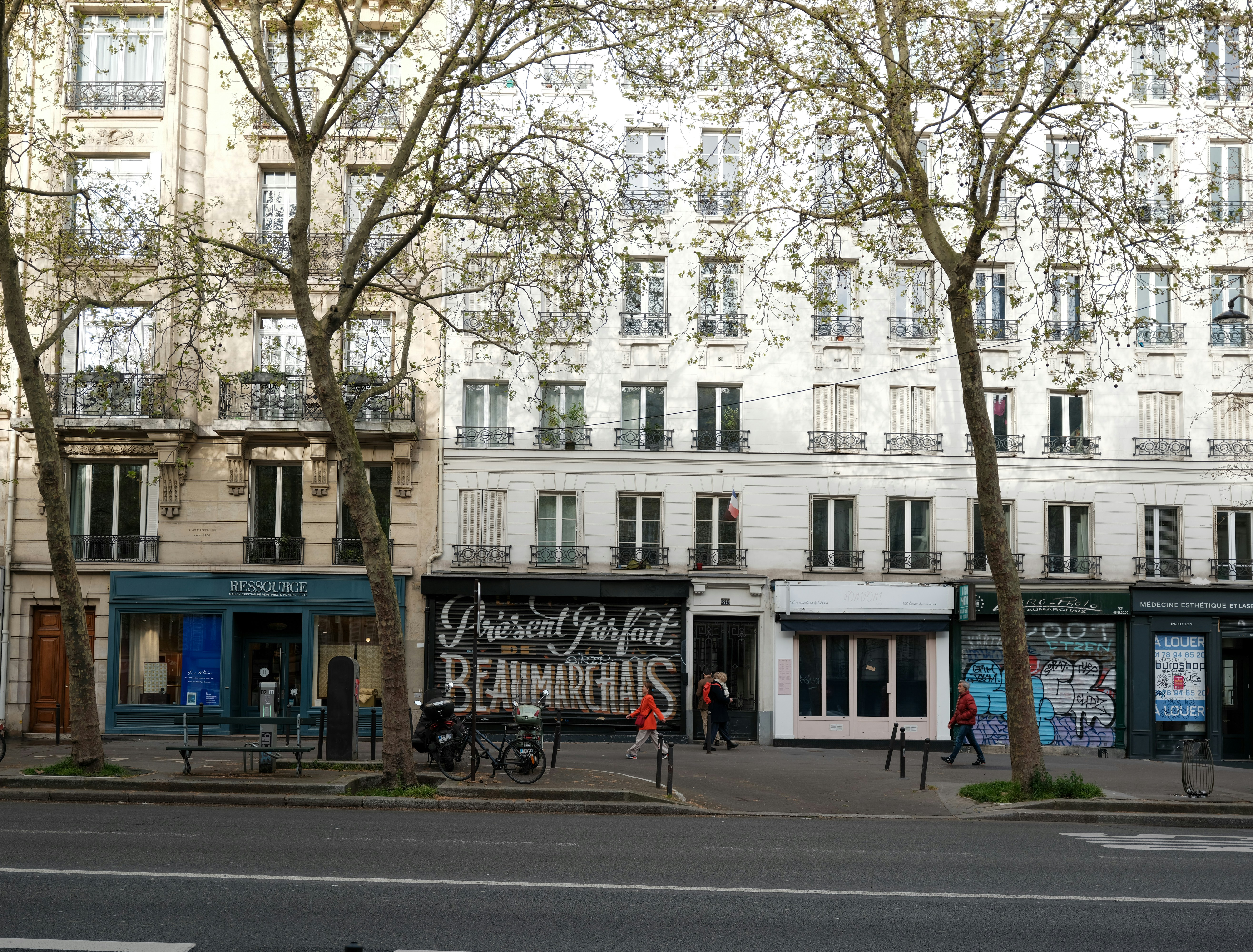 Whispers of a Parisian Boulevard: Trees Casting Dappled Light on a Row of Shops