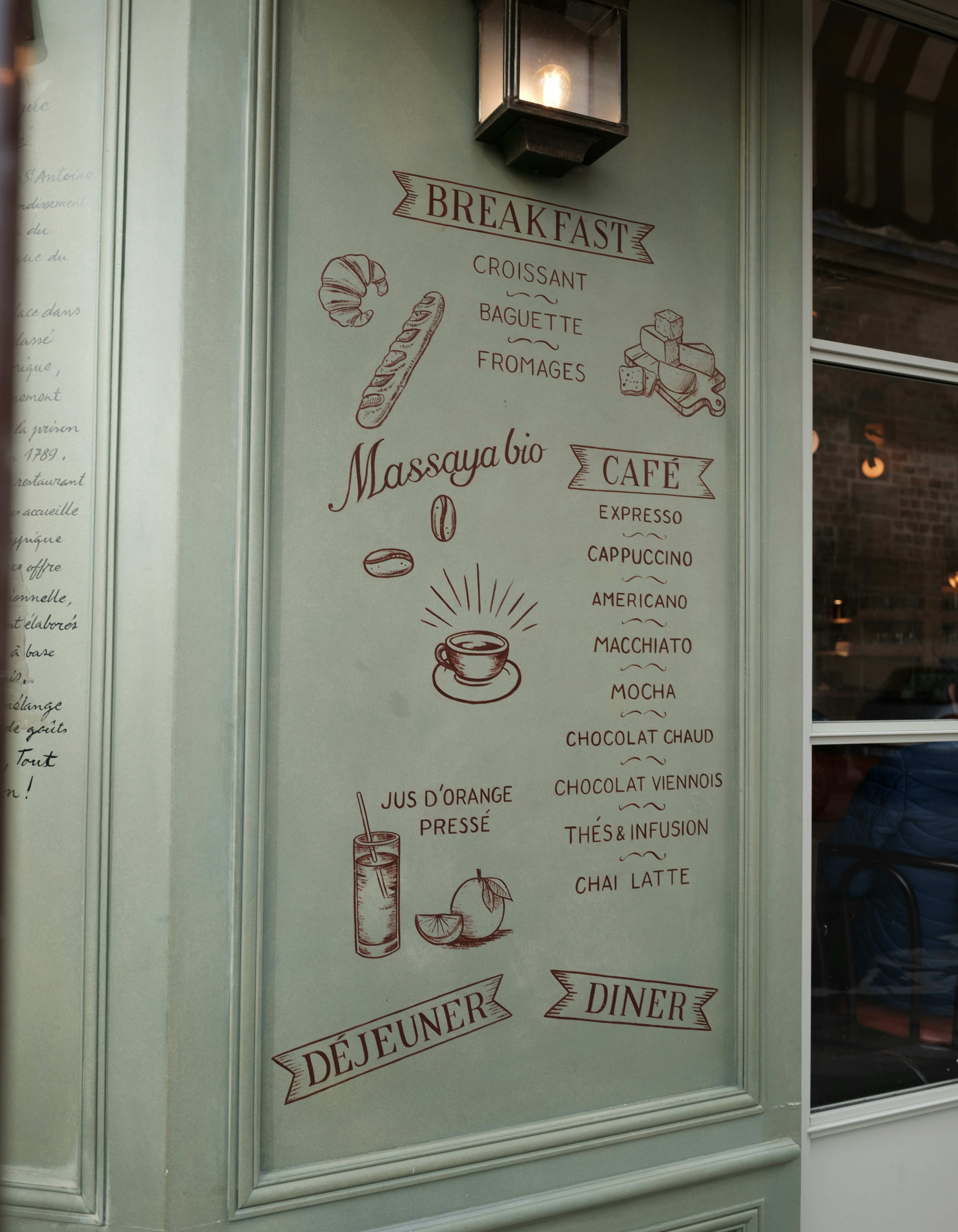 Massaya Café Window: Hand-drawn Breakfast Icons on Mint Pane