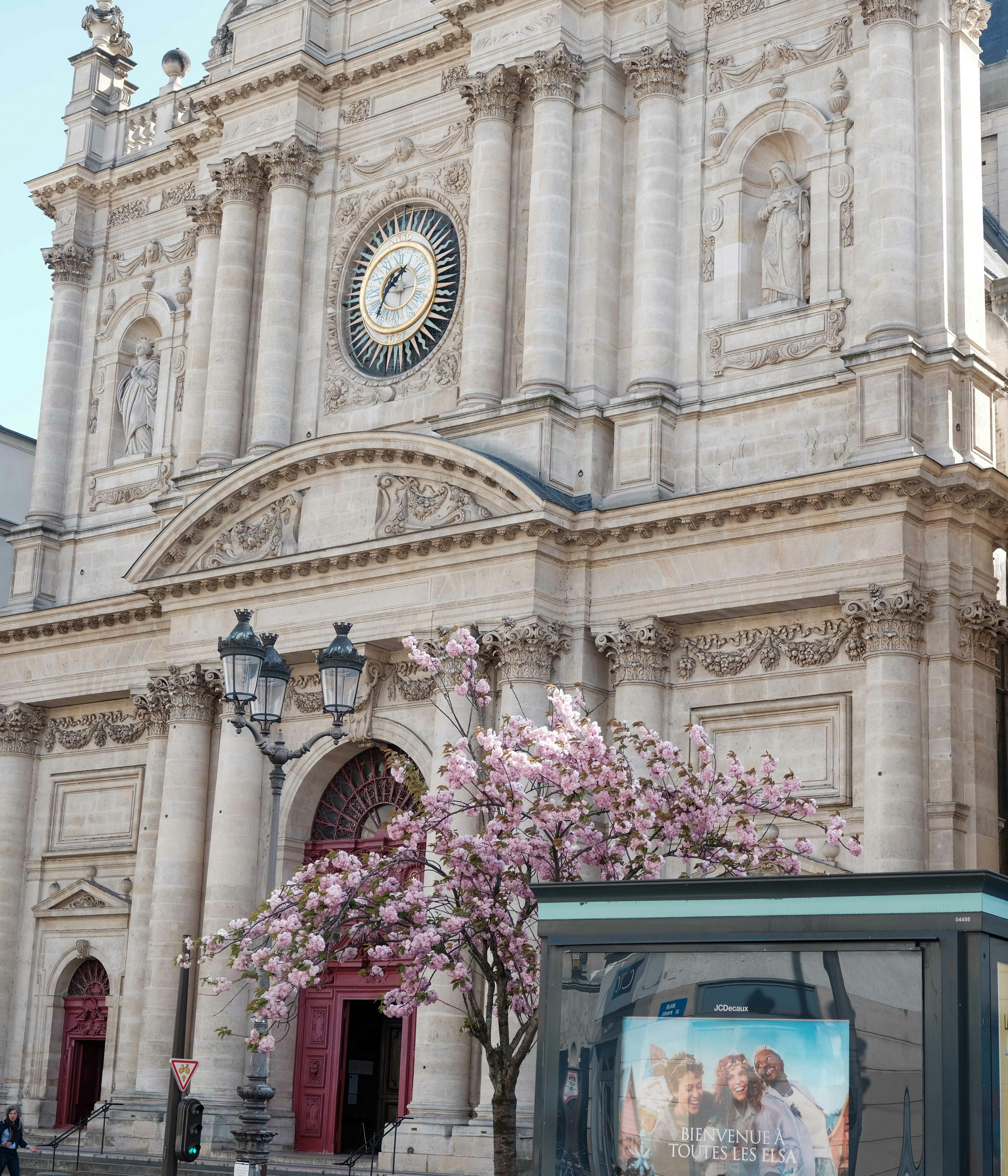 Timepiece in Stone: A Grand Facade Framed by Cherry Blossoms