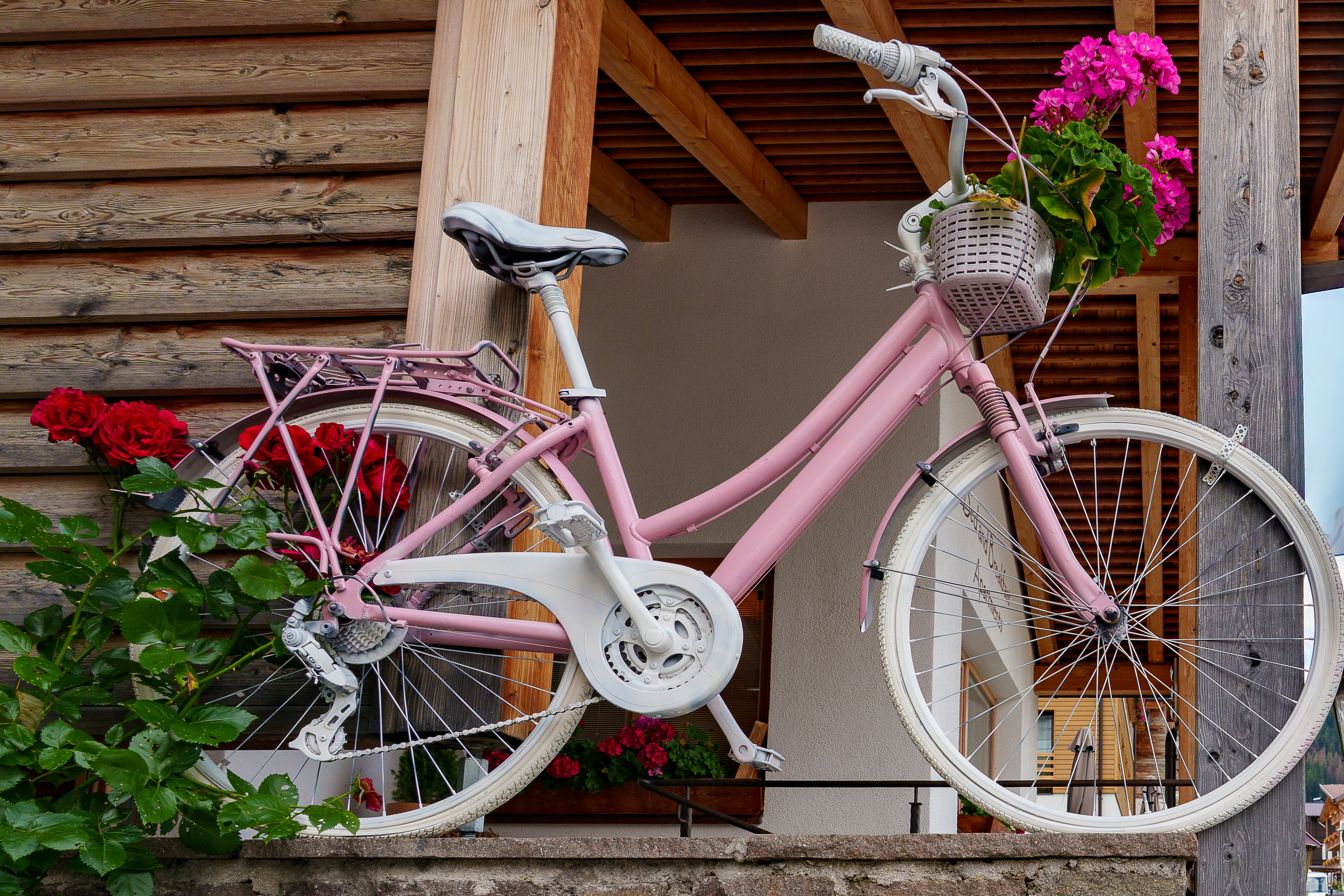 Pastel Ride: A Pink Bicycle Framed by Floral Charm on a Rustic Porch