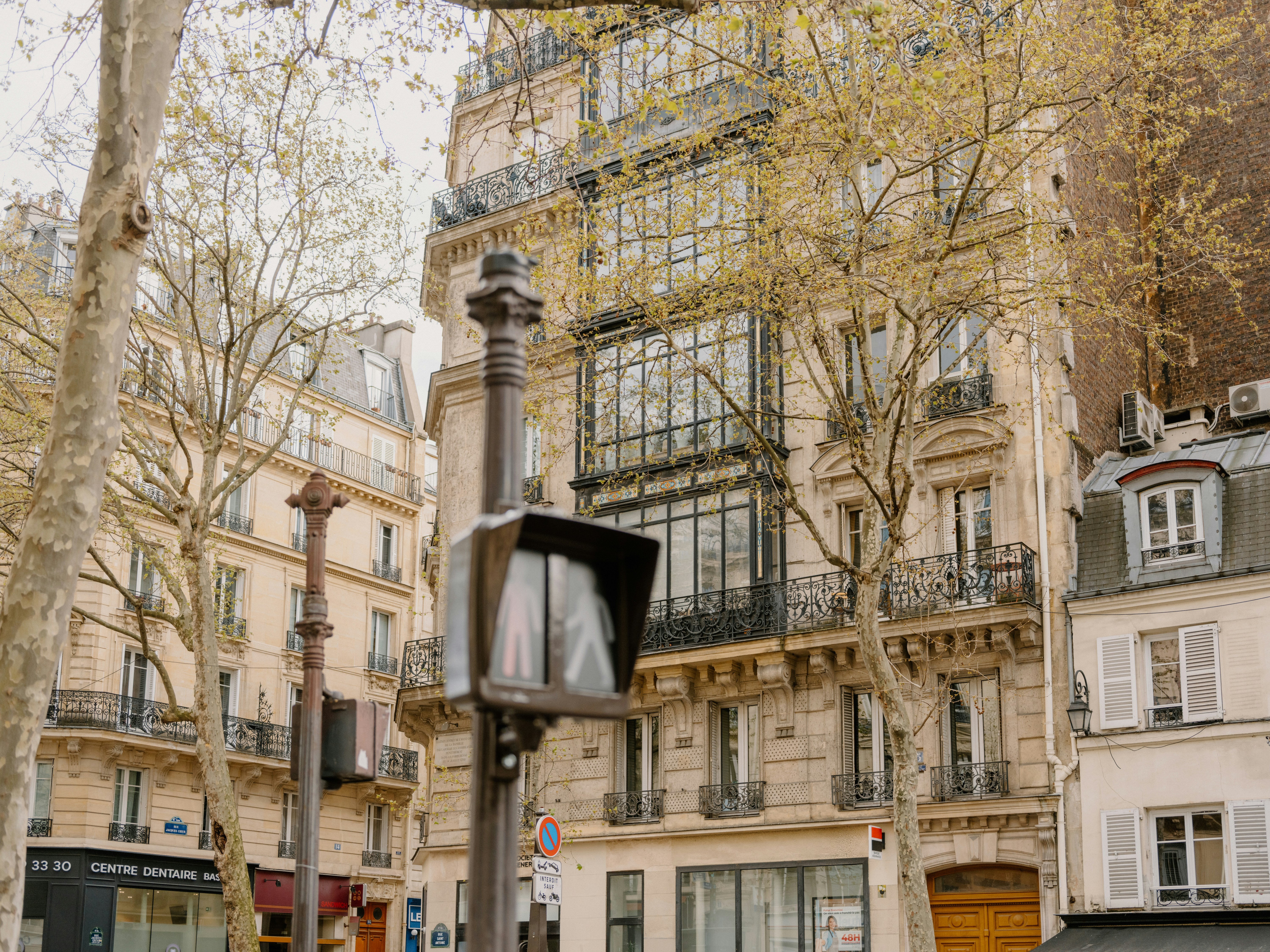 Parisian street in golden-hour light framed by classic façades