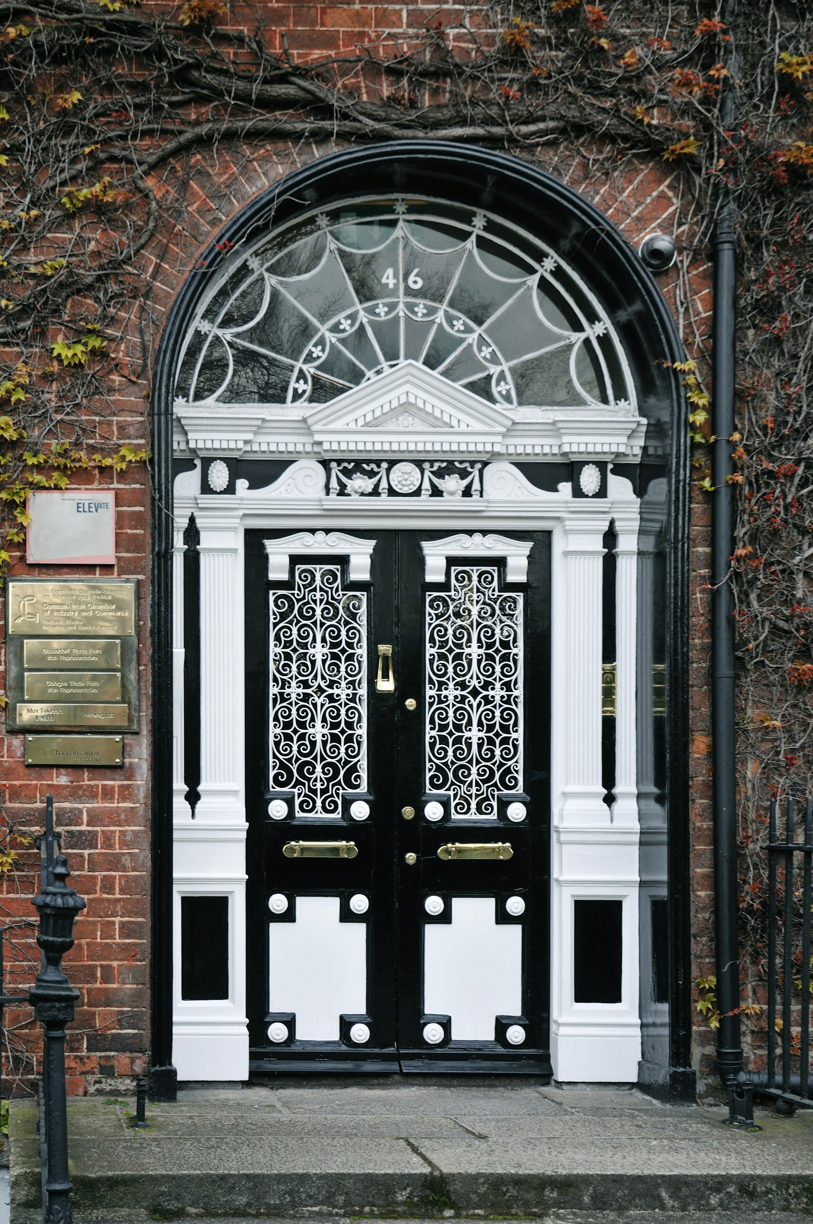 Ornate Black-and-White Doorway Framed by Ivy and Brick