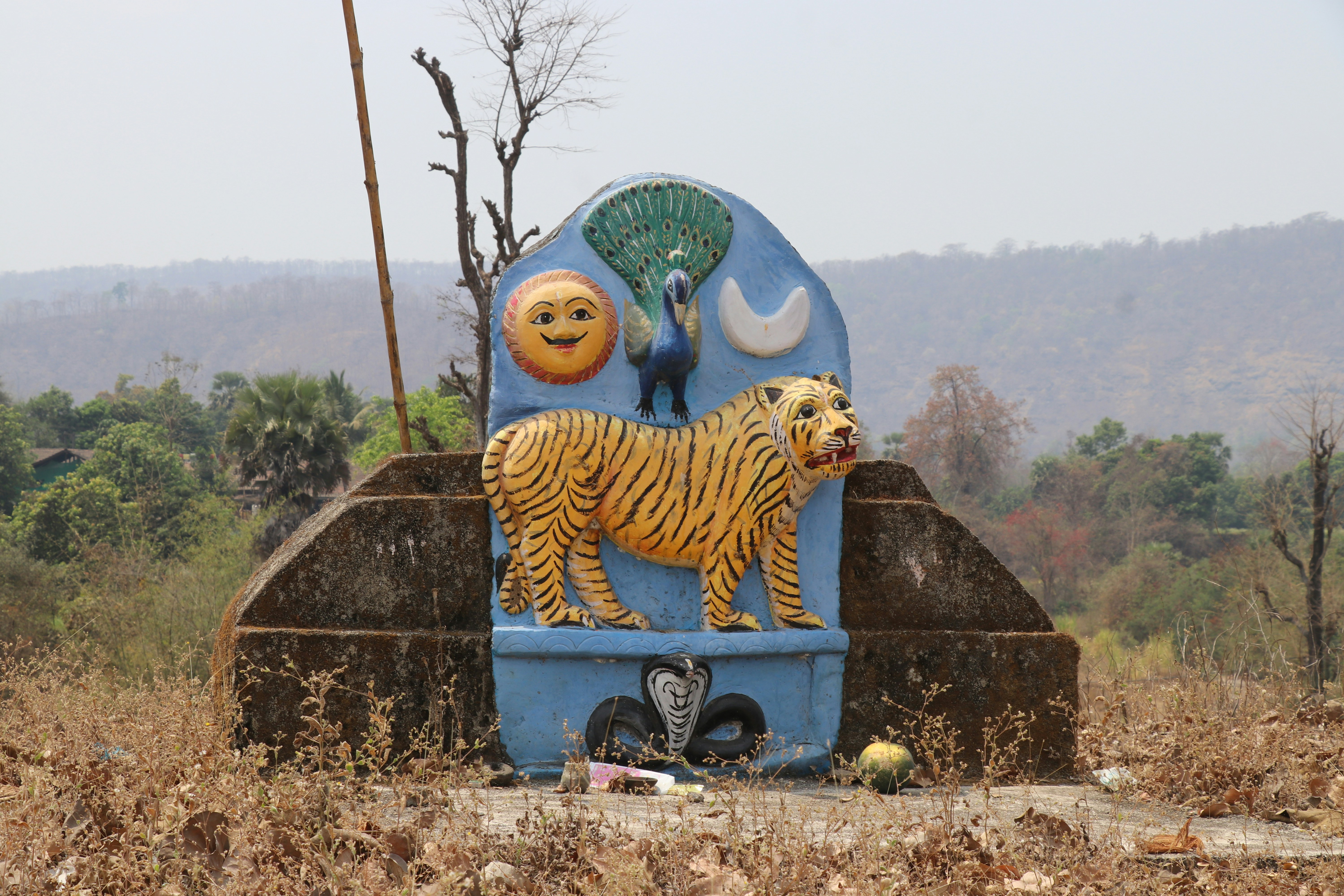 Sunlit Shrine Guardian: A Painted Tiger and Moon