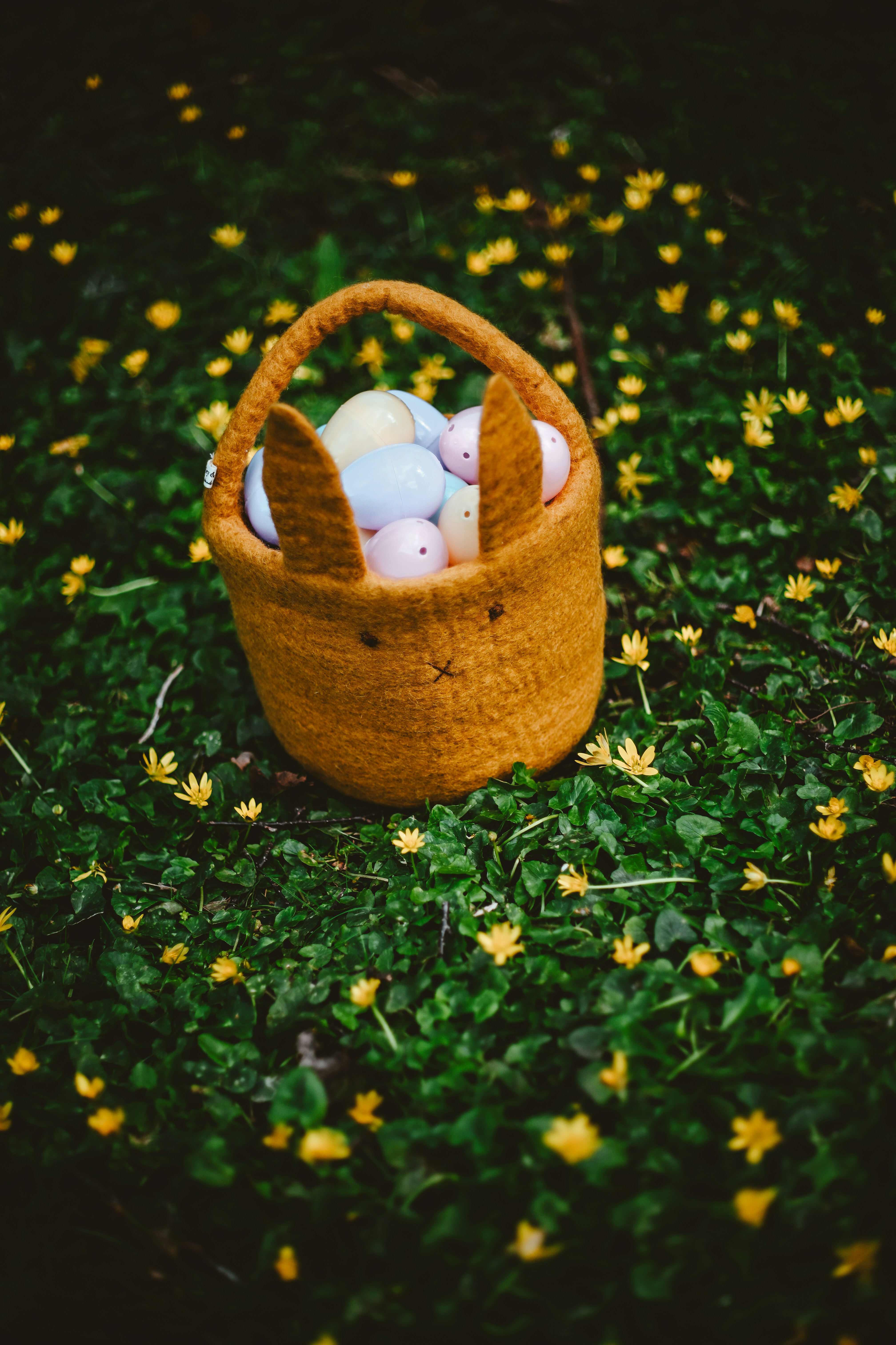 Basket of pastel eggs in a mossy yellow-bloomed meadow