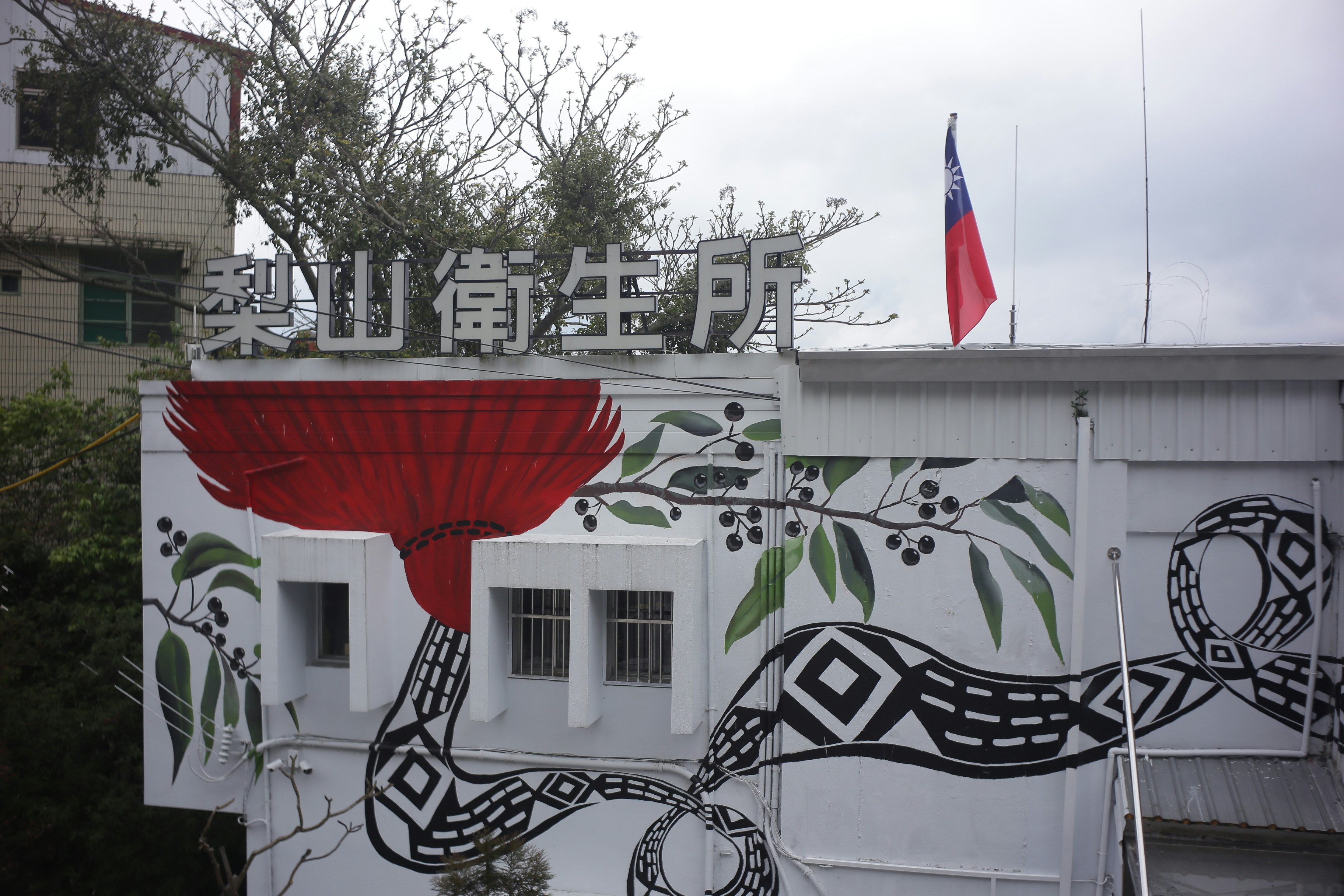 Painted Facade: A Building Portrait with Bold Black Motifs and a Lone Flag