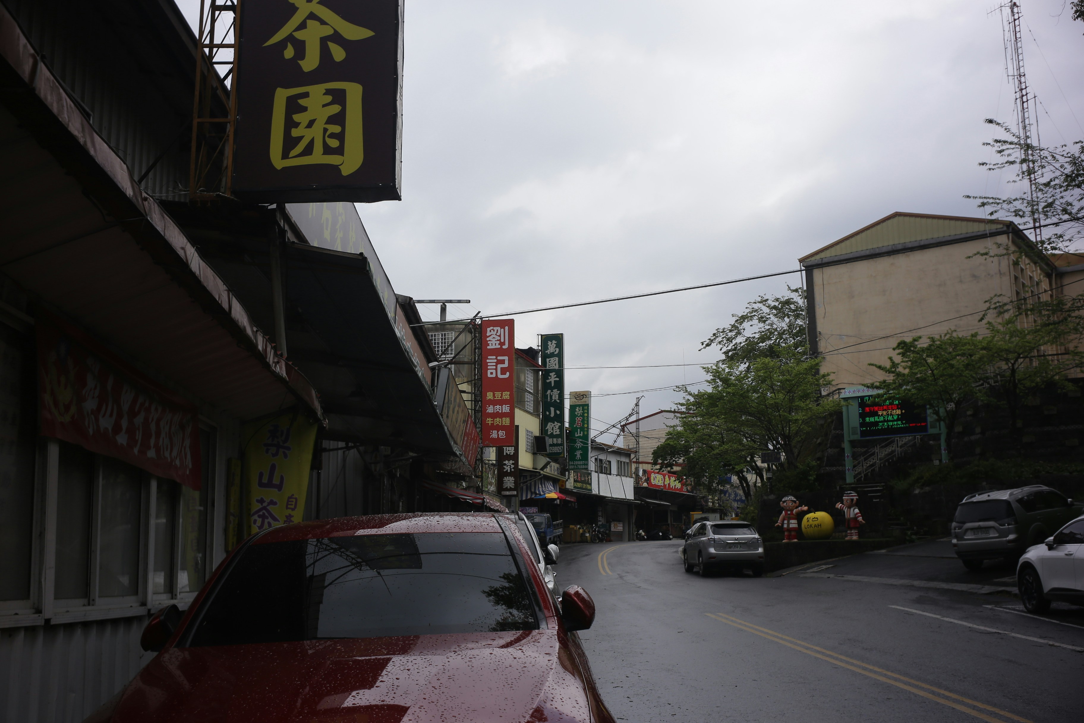 Overcast Street Corridor: Signs, Cars, and Rainy Quiet