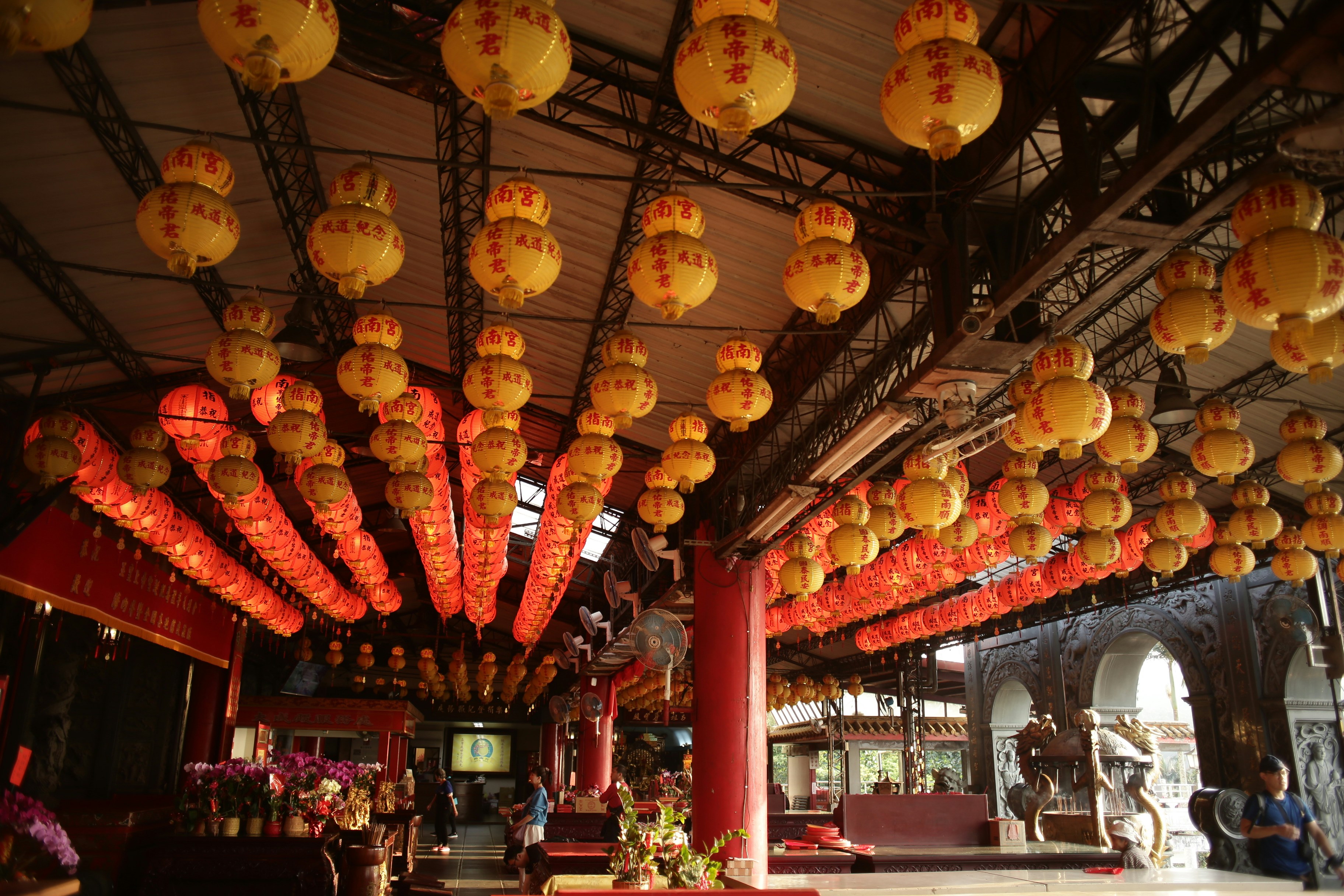 Lantern-lined Hall of Celebration: Interior Shrine with Floating Orbs and Red Columns