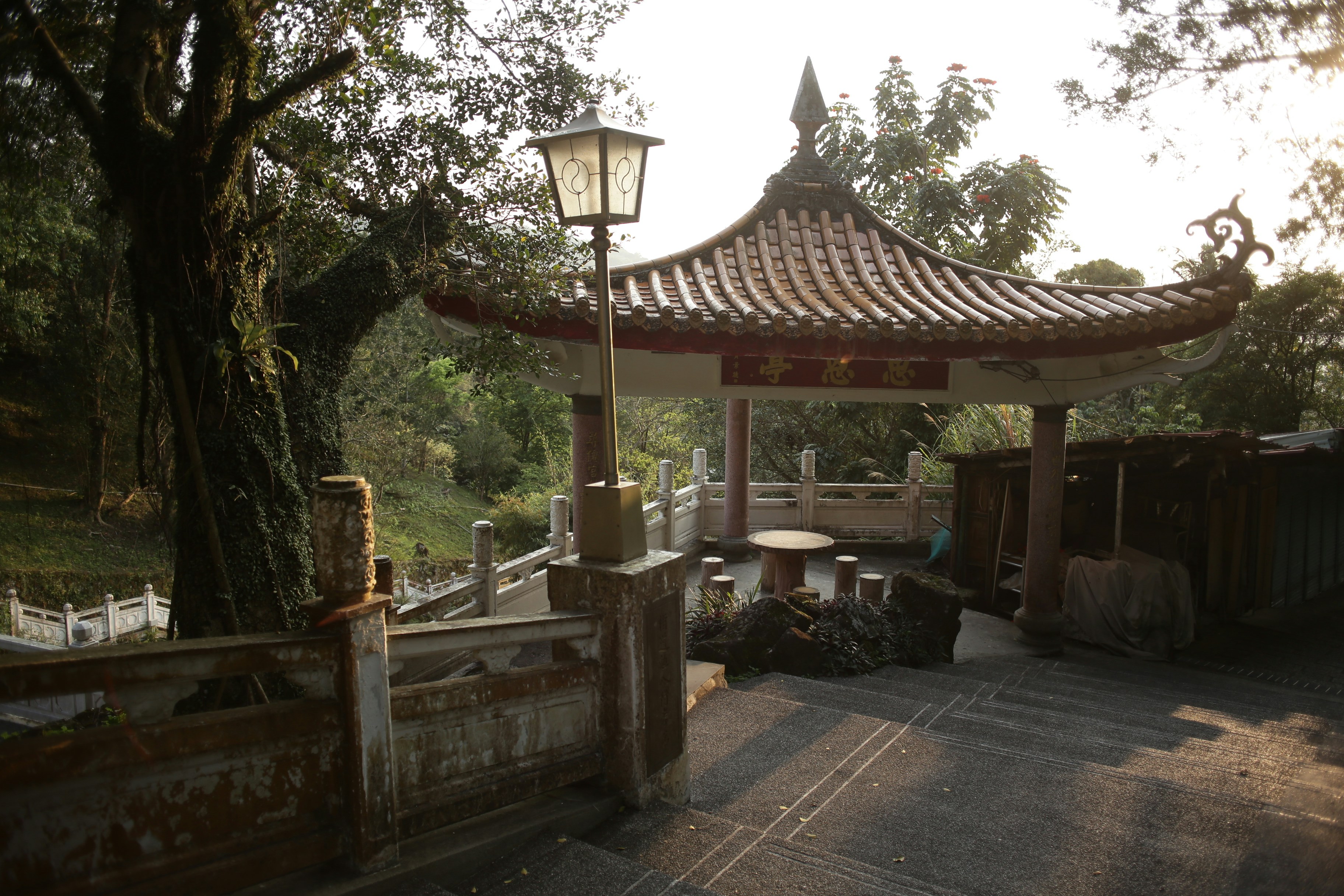 Lantern-lit Pavilion Crowned by Curved Roof in Quiet Garden