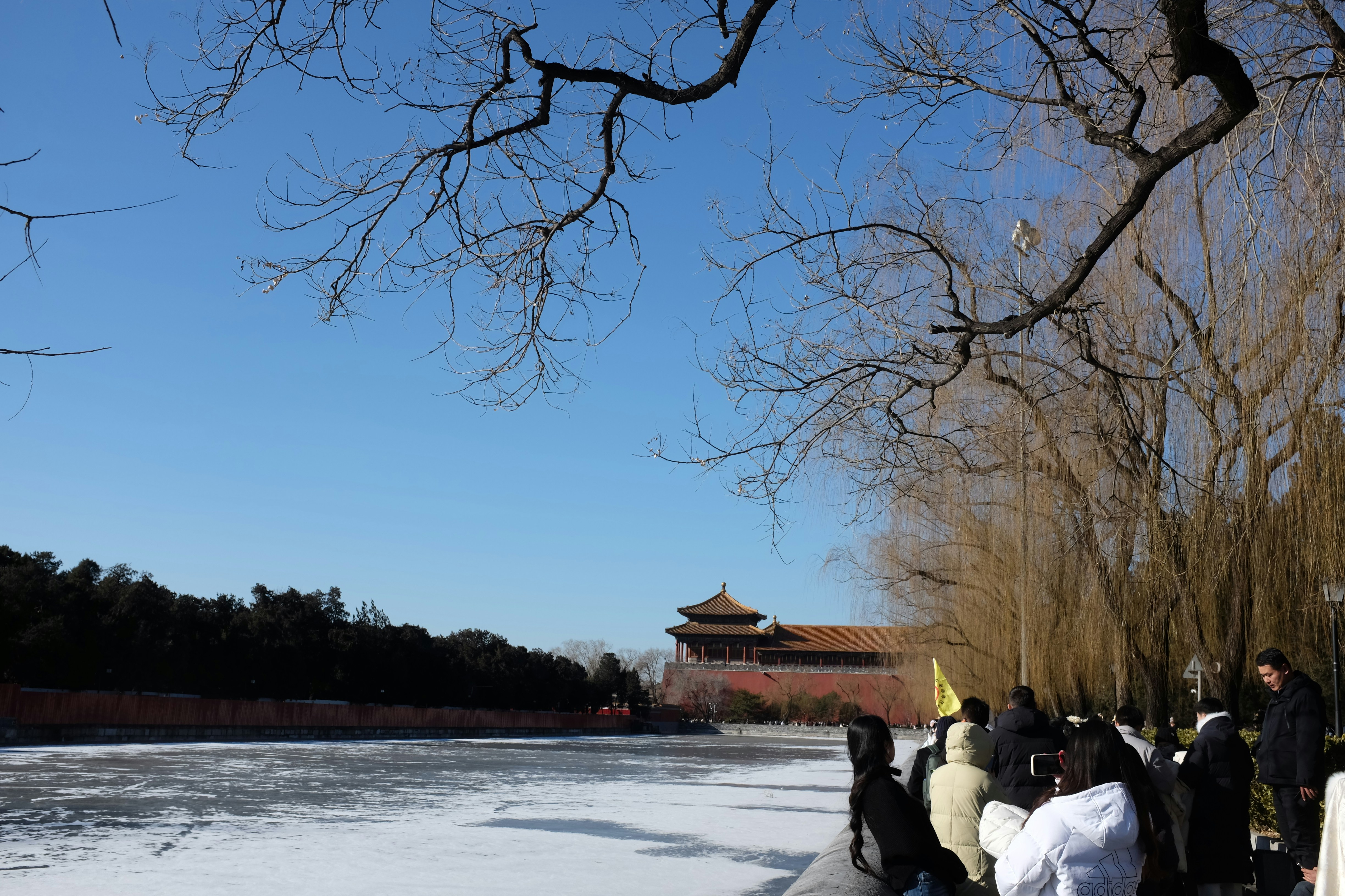 Winter Courtyard Echo: Tourists by the Frozen Waterway