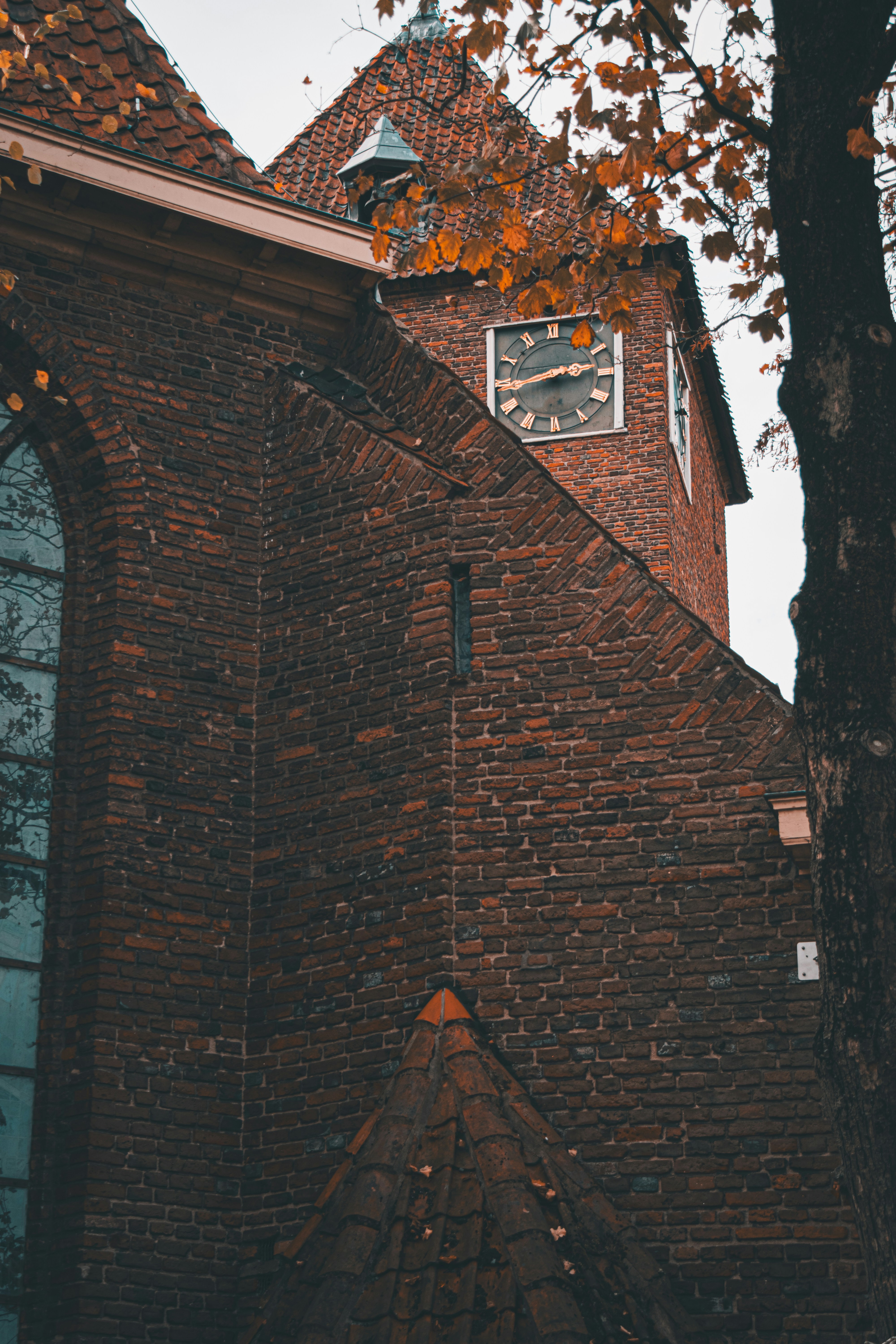 Clocktower Brickwork under Autumn Canopy