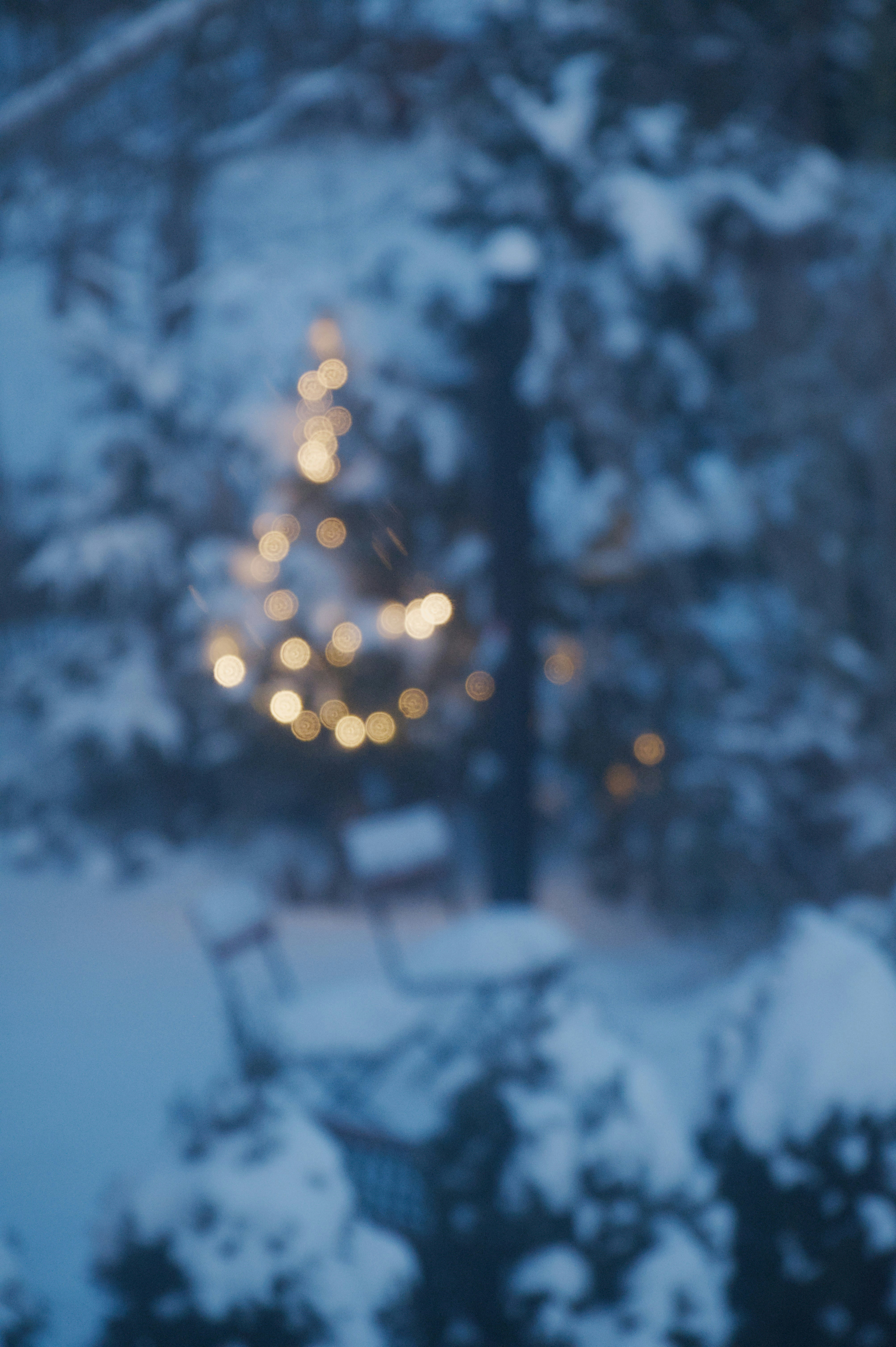 Bokeh Lights: A Snowbound Patio Under a Dim Winter Glow