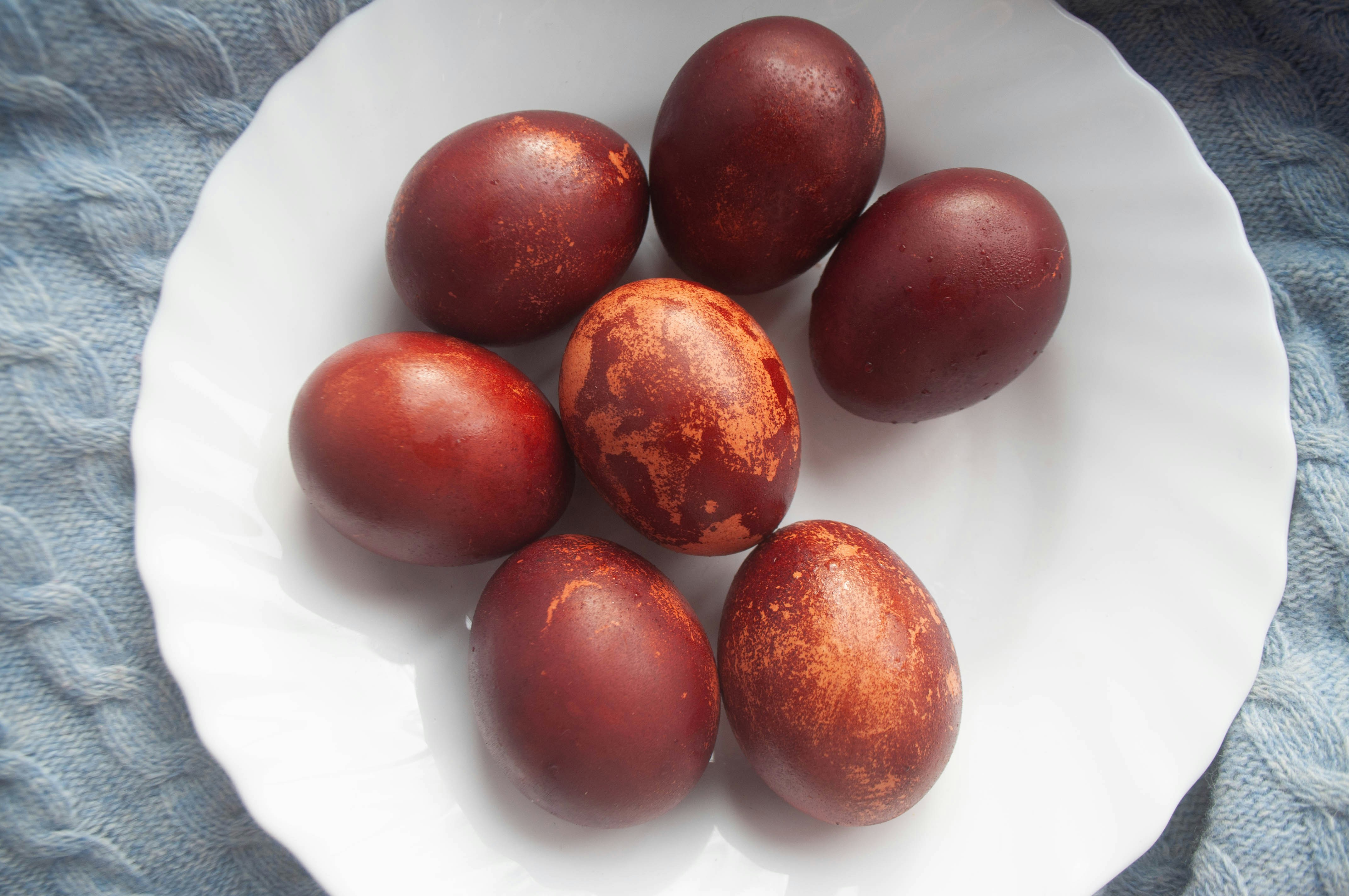 Coppery Easter Eggs on a White Plate